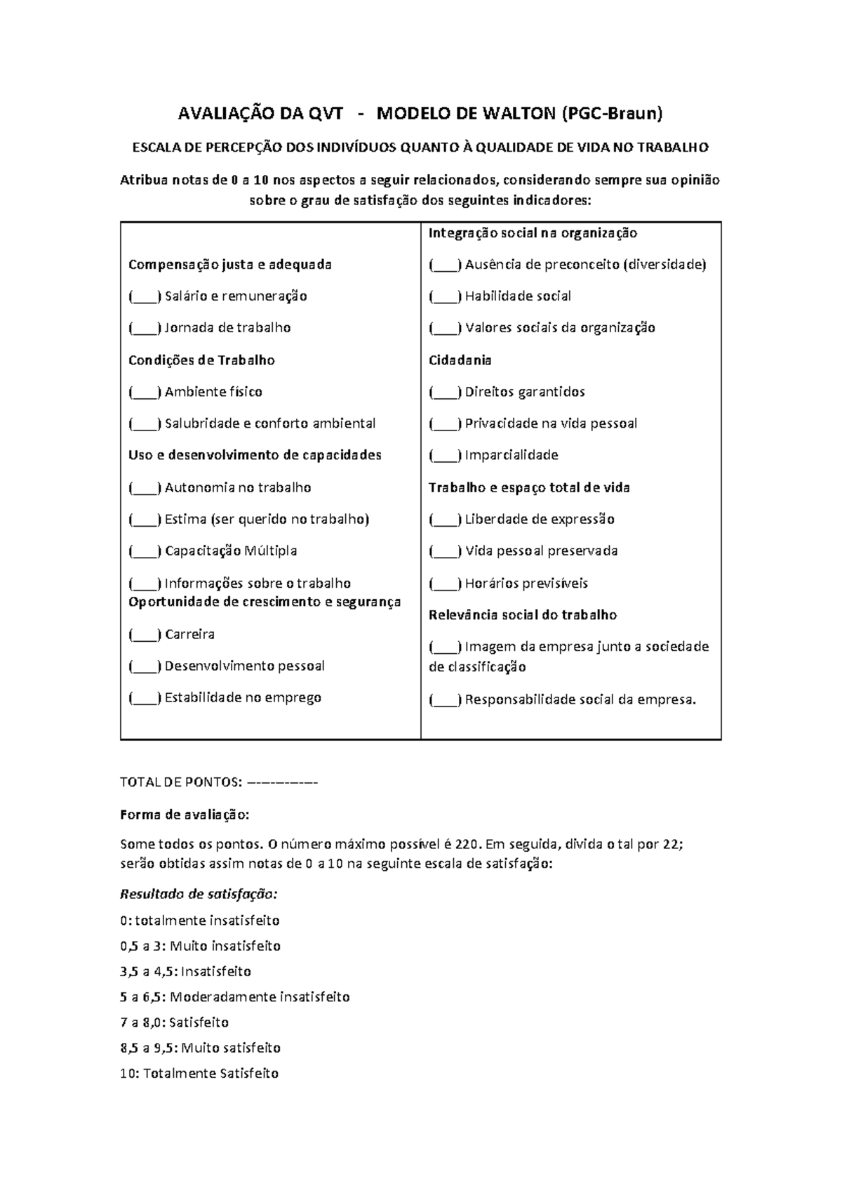 Questionário de Qualidade de Vida no Trabalho - Aula 1C Walton - Studocu