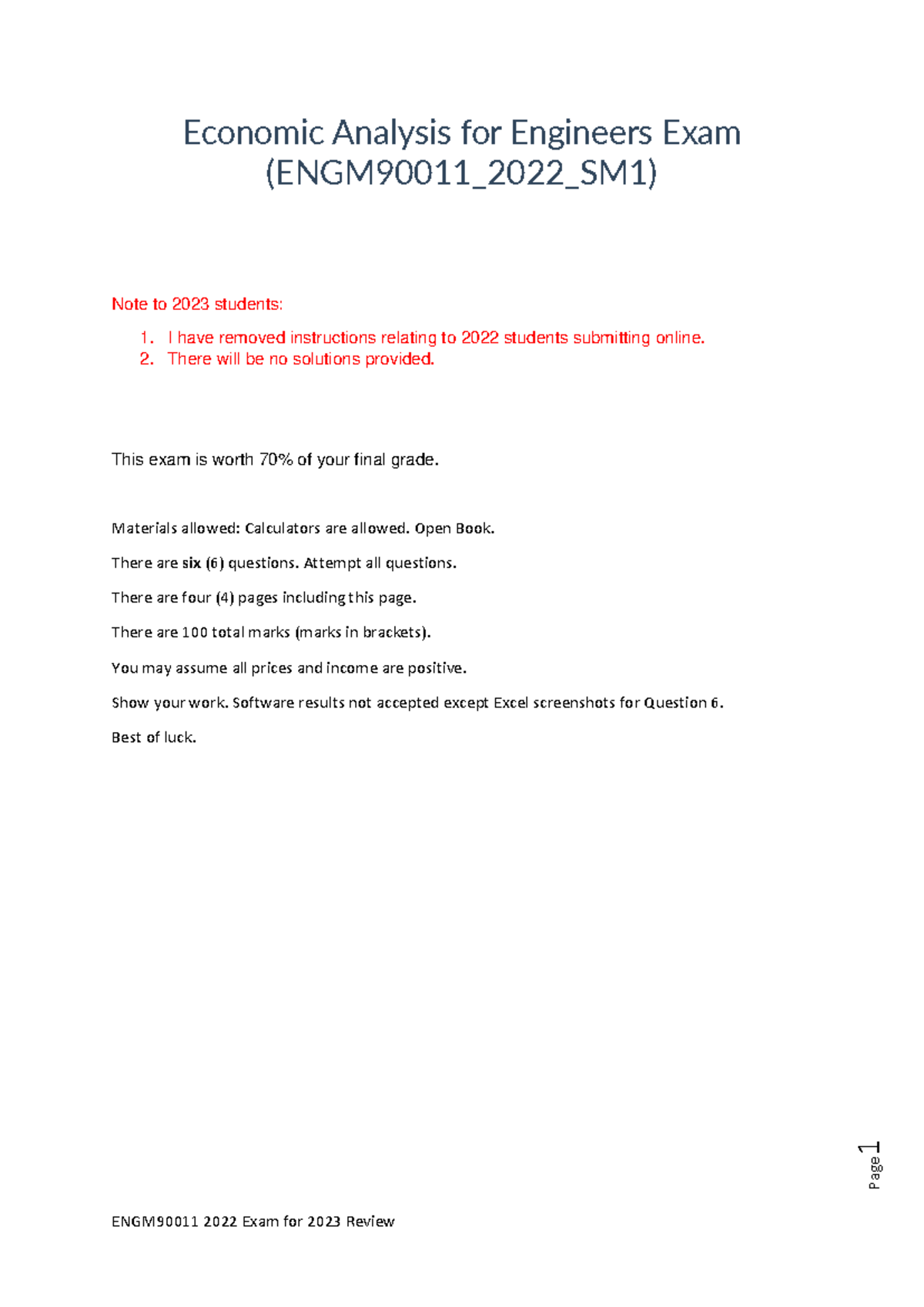 ENGM90011 2022 Exam Guide for 2023 Students Review - Studocu