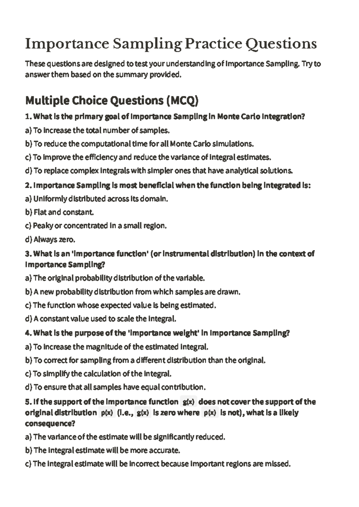 Importance Sampling Practice Questions (IS 101) - Studocu