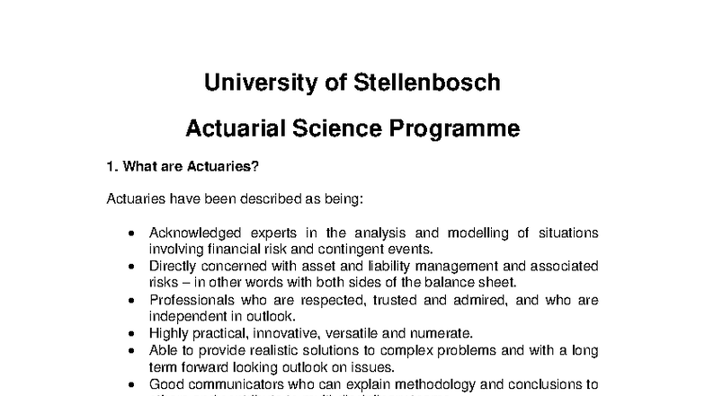 University of Stellenbosch Actuarial Science Programme Overview and Pathways - Studocu