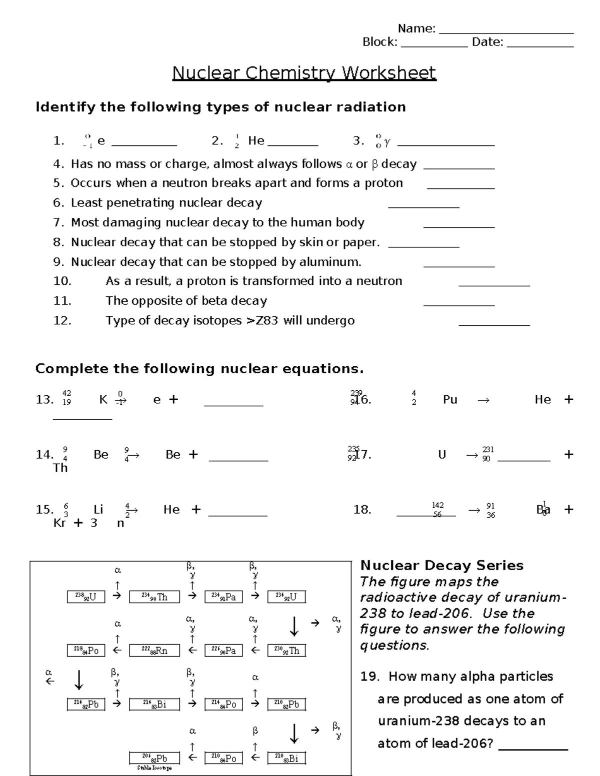 PSc nuclear chem wkst - 42 19 0 - 239 94 4 2 9 4 235 92 231 90 6 3 4 2 ...