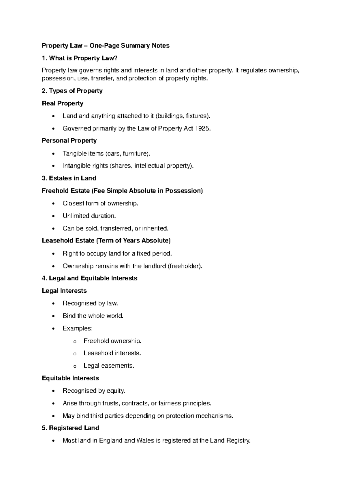 Property Law Checklist: Key Concepts and Definitions - Studocu