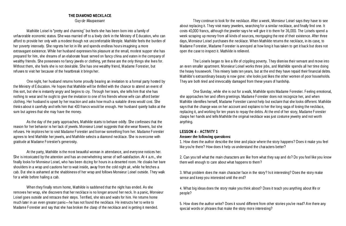 THE DIAMOND NECKLACE - Literature Activity & Analysis Notes - Studocu