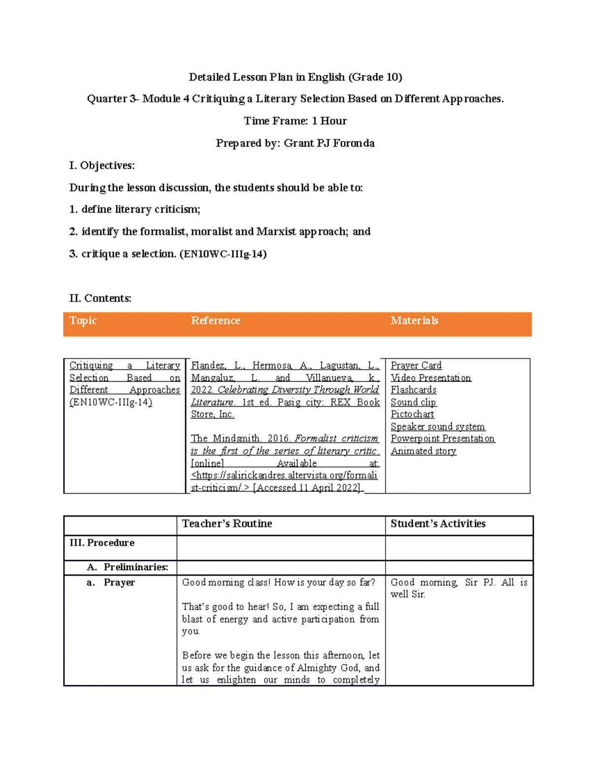 DLP-ENG-G10-Q1-MELC-1.-WEEK 1 - LESSON PLAN IN ENGLISH 10 School Grade Level & Section 10 - Studocu