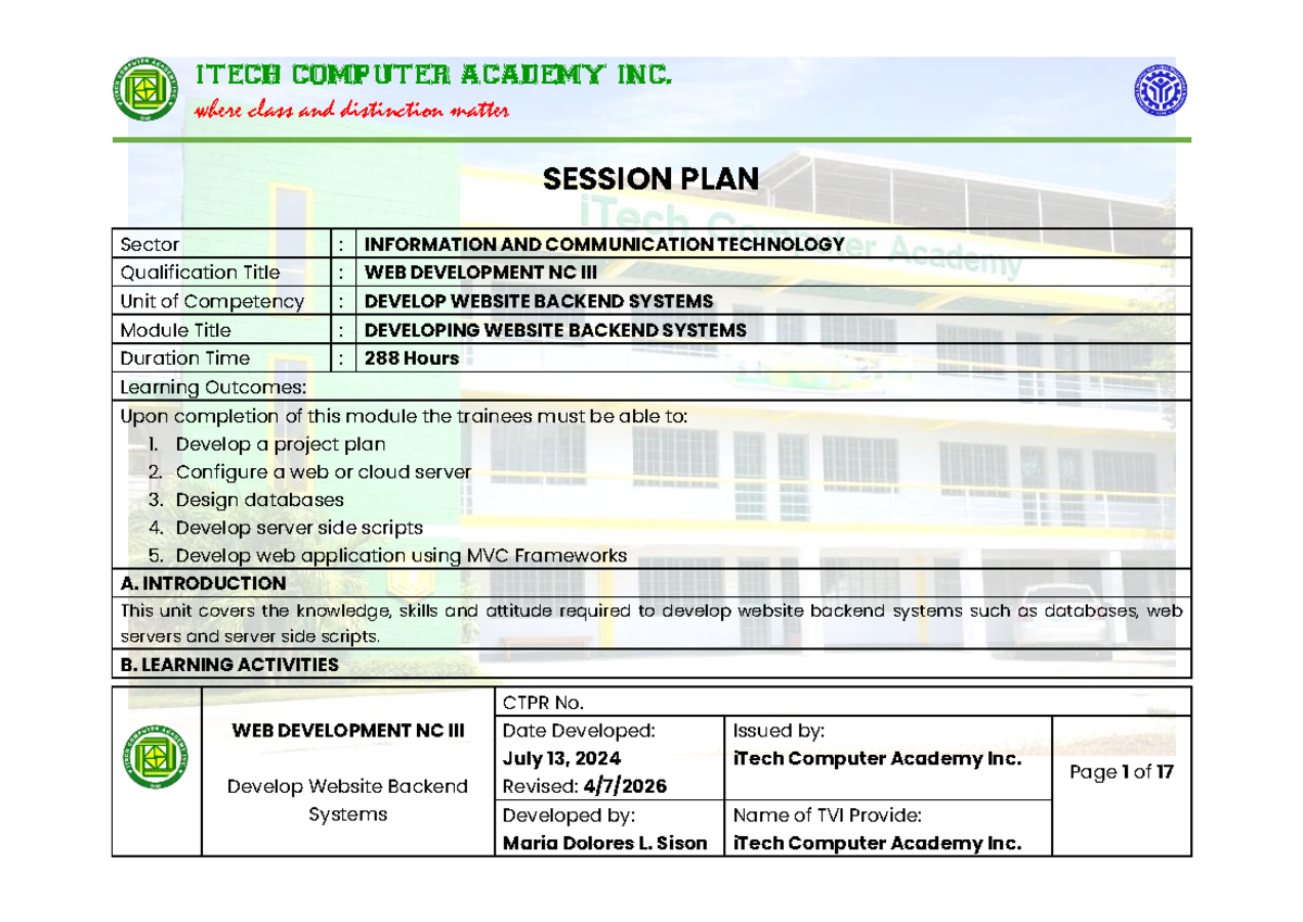 Session Plan: Web Development NC III - Backend Systems Development ...