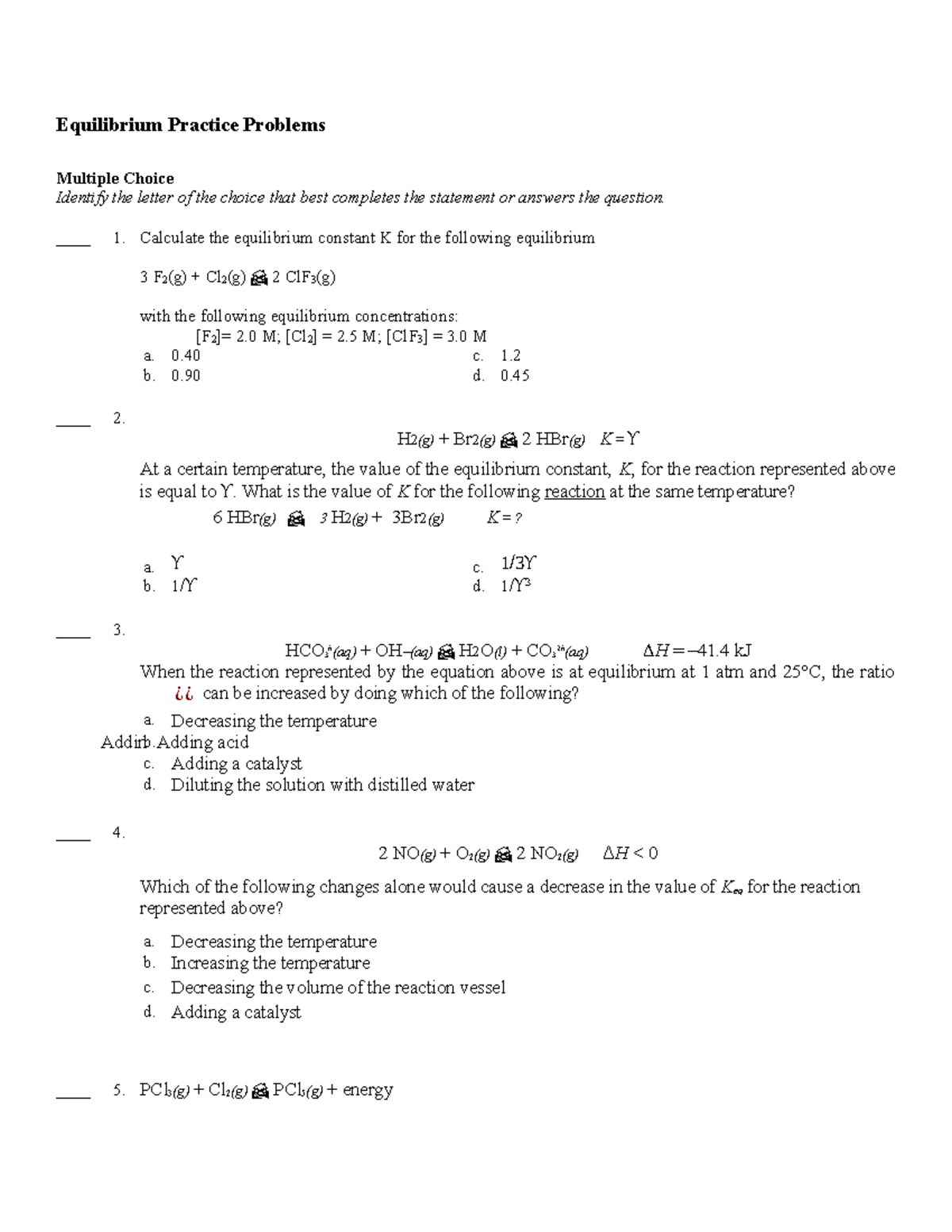 AP Equilibrium Practice Problems 2020 - Equilibrium Practice Problems ...