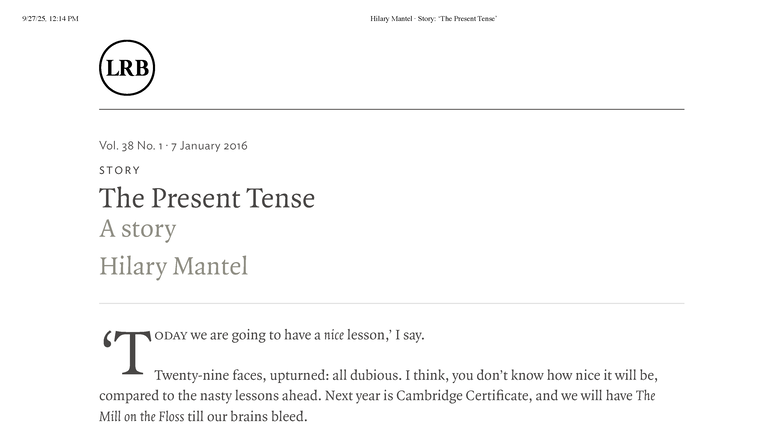 Hilary Mantel: Story Analysis of 'The Present Tense' (Vol. 38 No. 1 ...