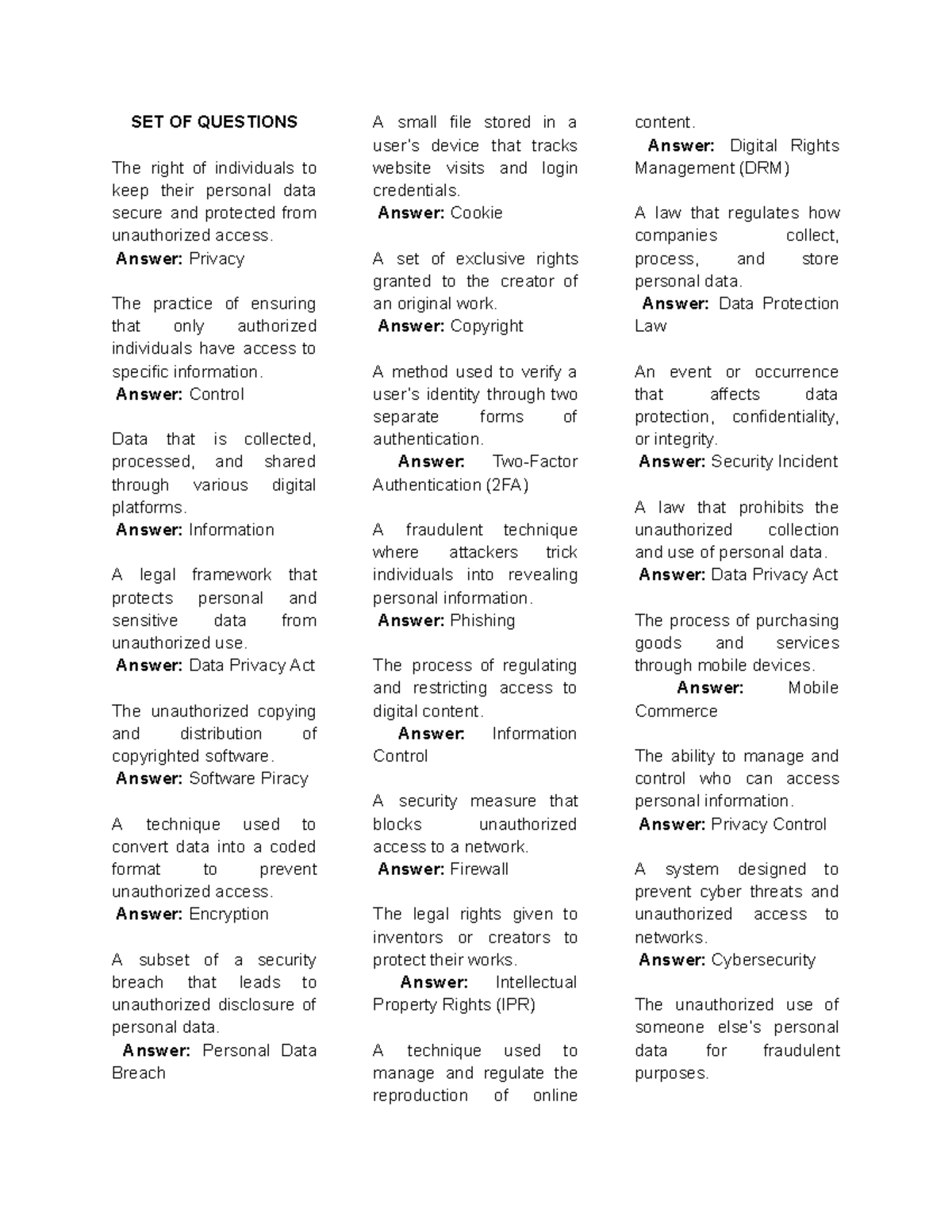 SET OF Privacy & Cybersecurity Questions - Study Guide - Studocu