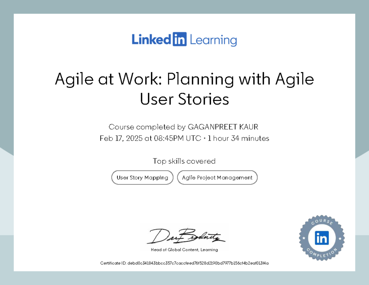 Certificate Of Completion Agile at Work Planning with Agile User ...