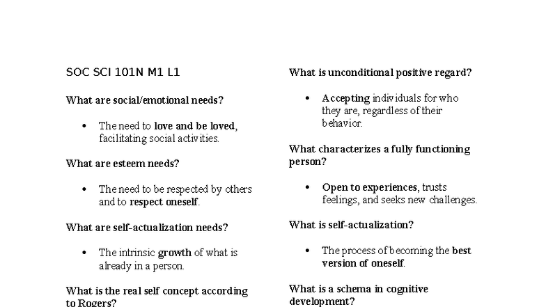 SOC SCI 101N M1 & M2 Midterm Study Guide: Understanding Needs ...
