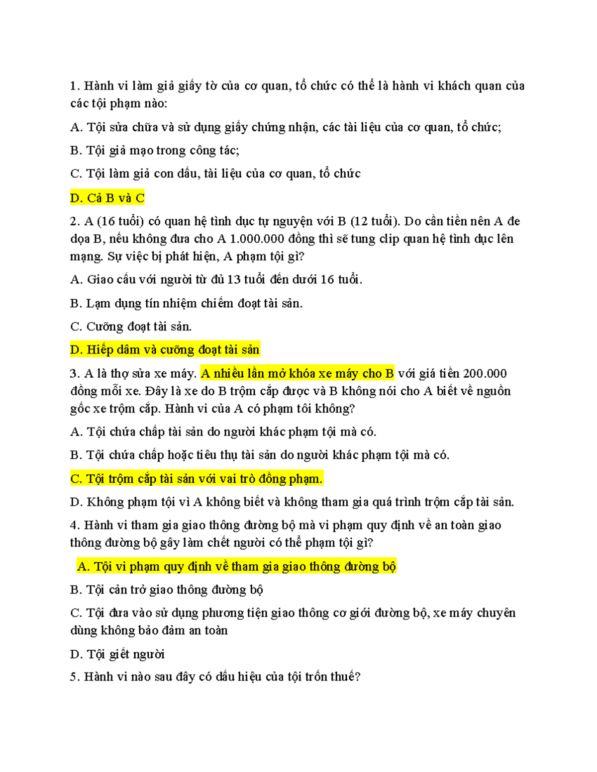 Trắc Nghiệm Luật Hình Sự - MNNMN - Studocu