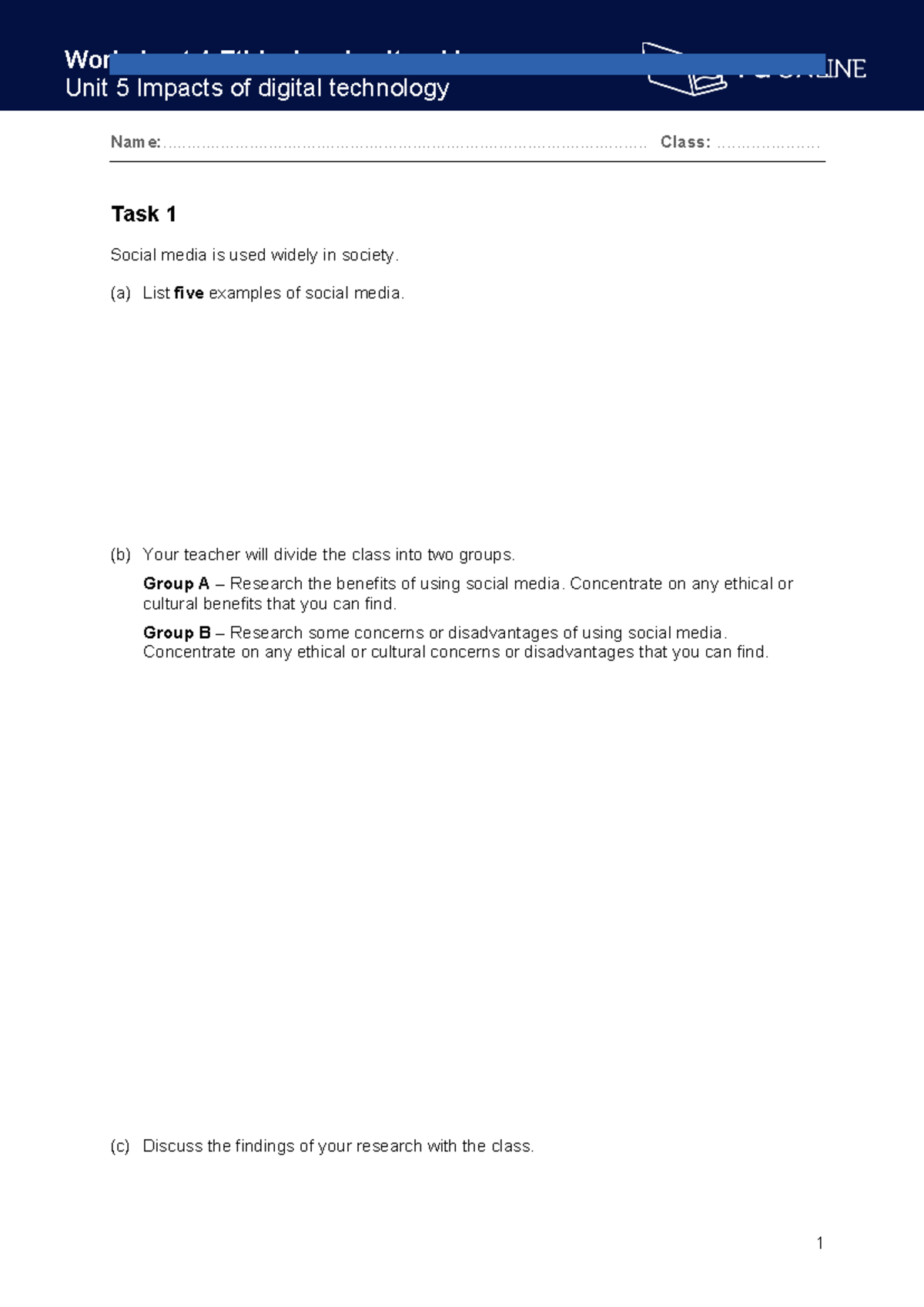 T1 Worksheet 1 - Ethical & Cultural Issues in Digital Tech - Studocu