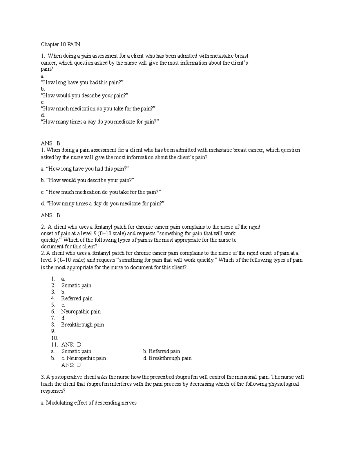 HH-1 - Health and Healing Test Bank Answers for Pain Management Chapter ...