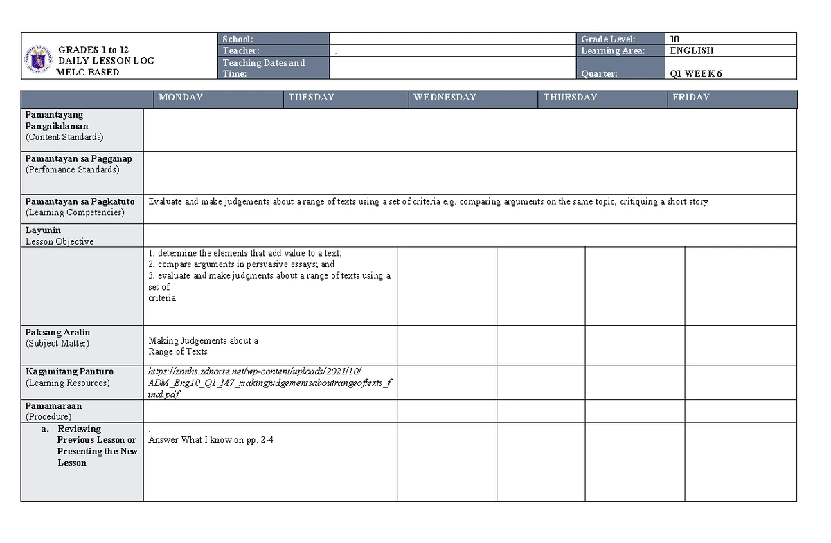 MELC DLL ENG 10 Q1 WEEK 4: Lessons on Compare and Contrast - Studocu