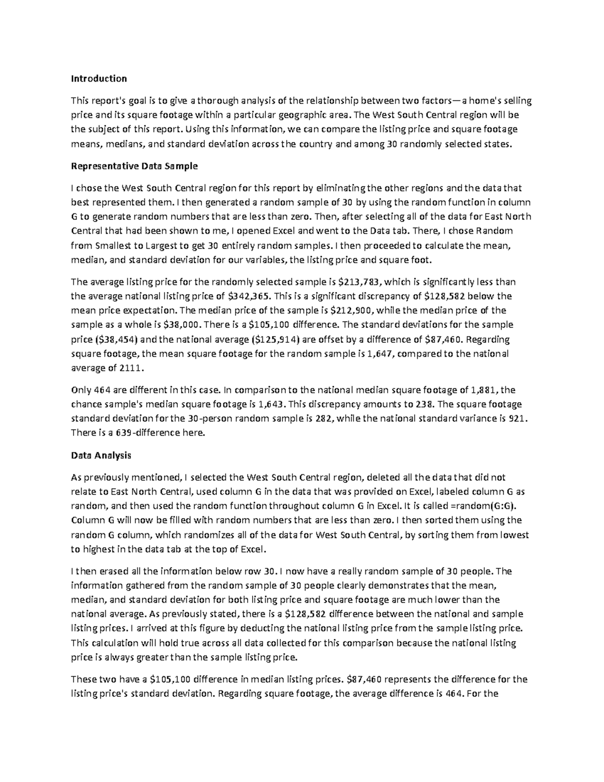 MAT 240 2-3 assignment real estate analysis - Introduction This report ...