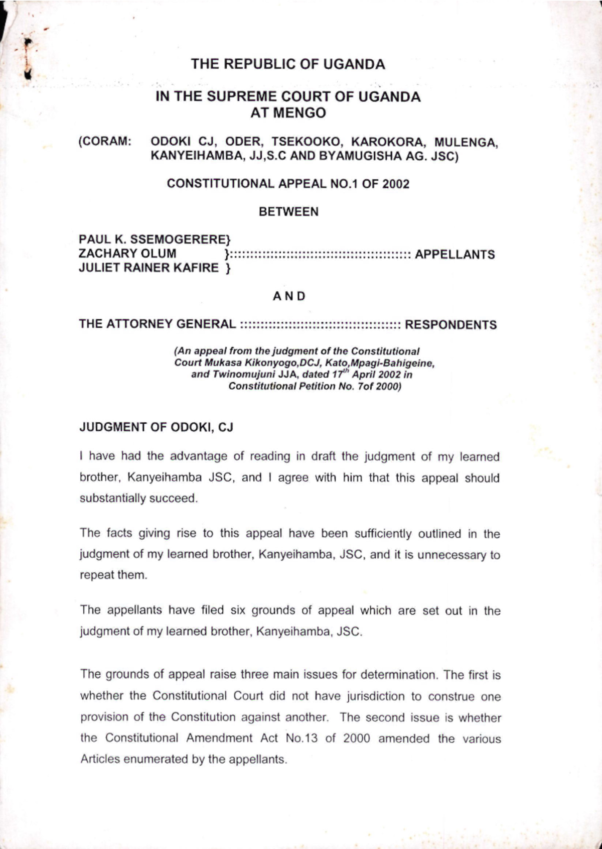 Constitutional Appeal No. 1 of 2002: Ssemogerere & Others v. Attorney ...