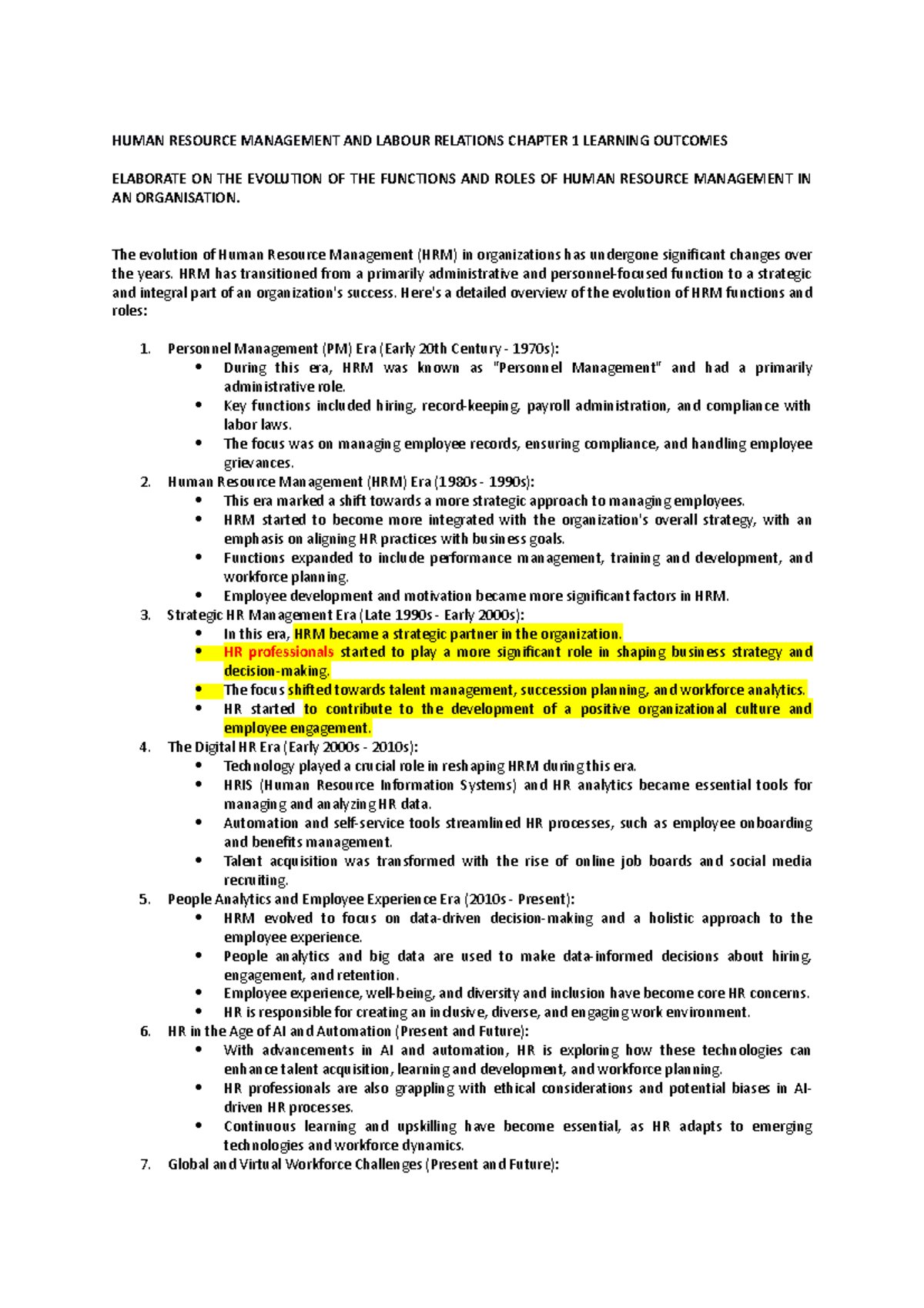HRM Chapter 1: Key Learning Outcomes and Evolution Overview - Studocu