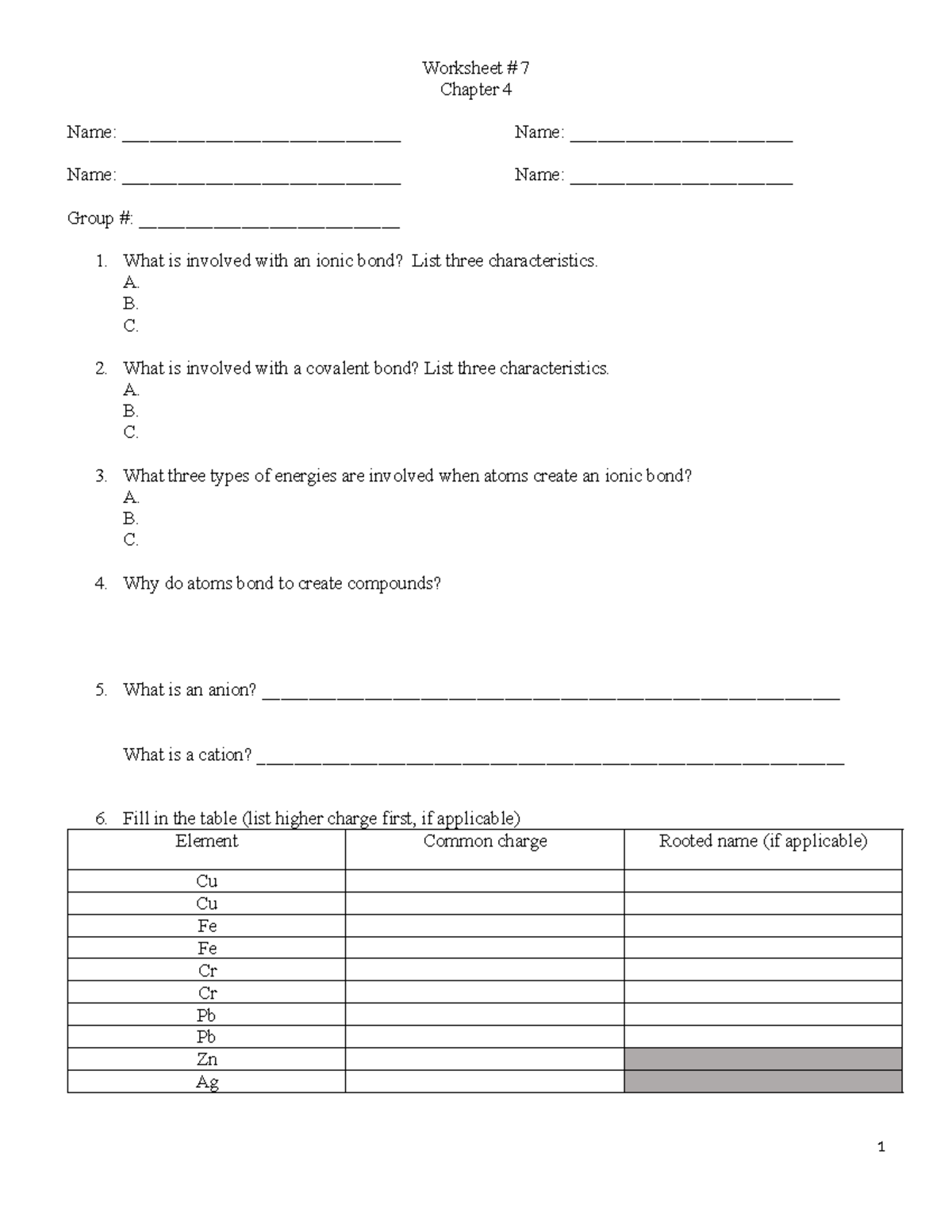 Worksheet 7: Chapter 4 - Ionic and Covalent Bonds Analysis - Studocu