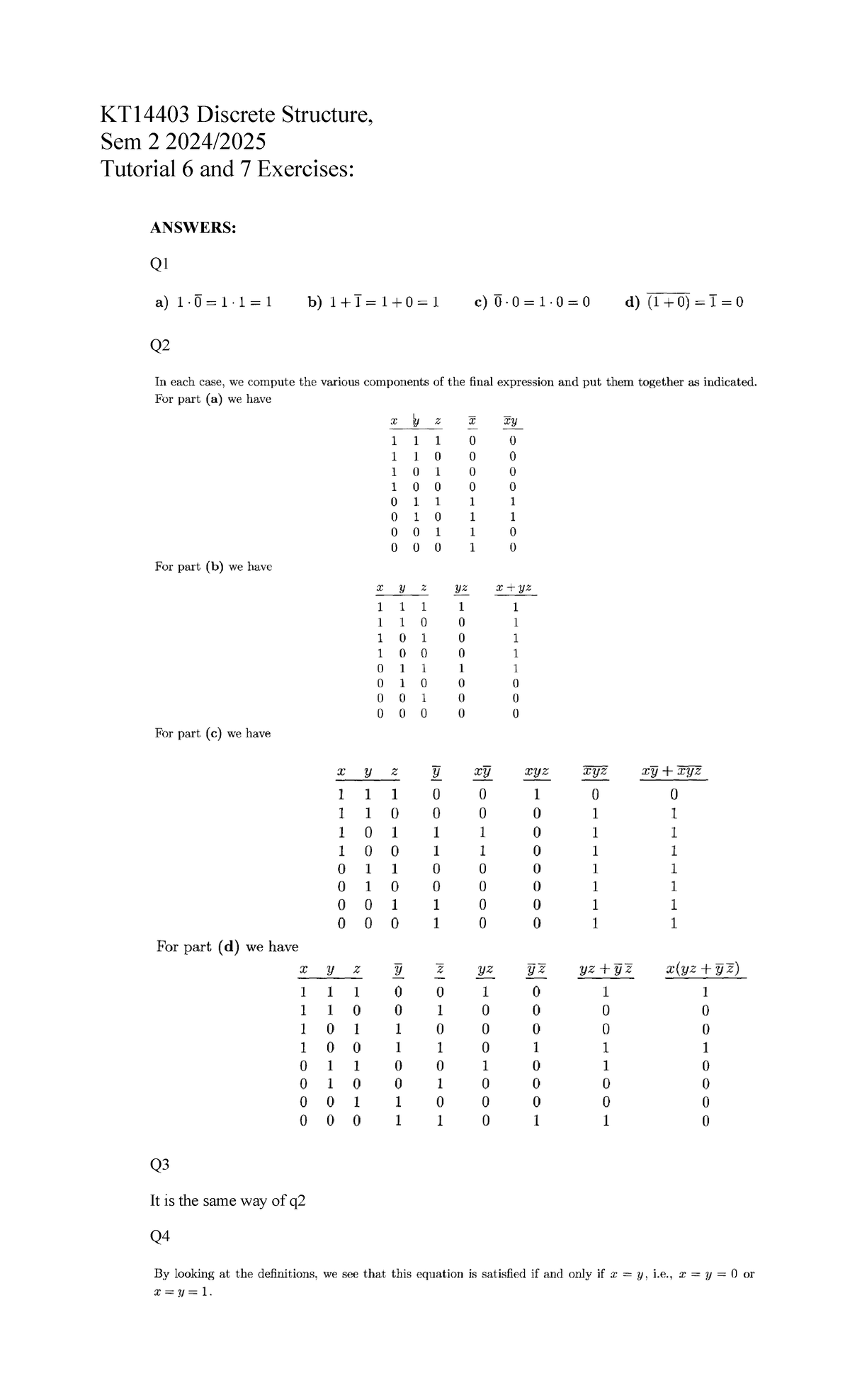 Tutorial 6AND 7 Answers - Discrete Structures - KT14403 Discrete ...