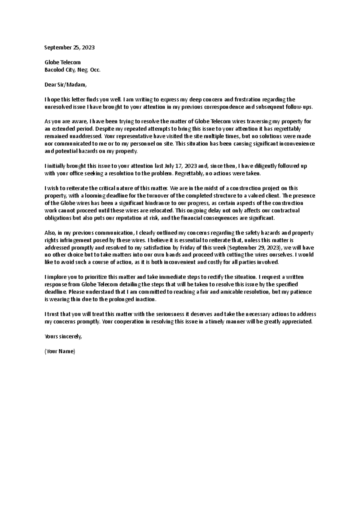 Formal Request Letter to Globe Telecom Regarding Wires Issue - Studocu