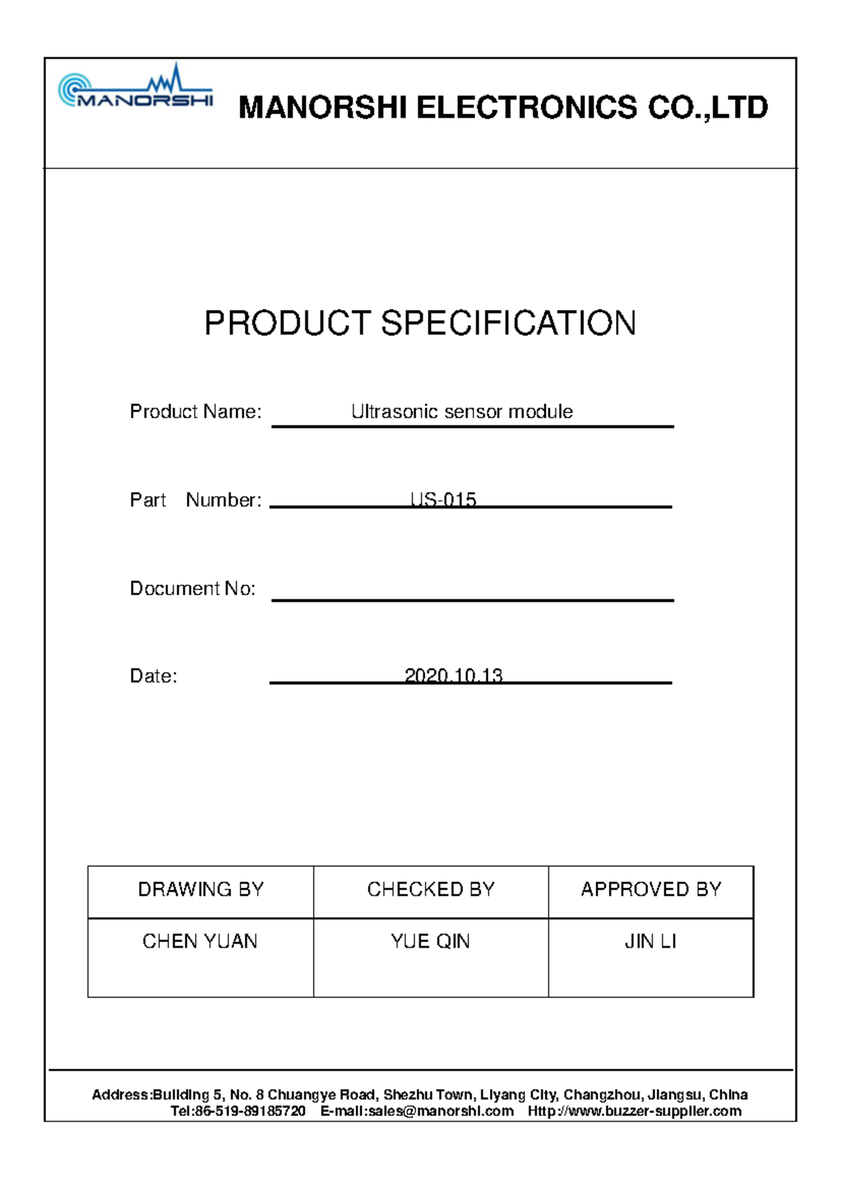 US015 Ultrasonic Sensor Module Product Specification Document - Studocu