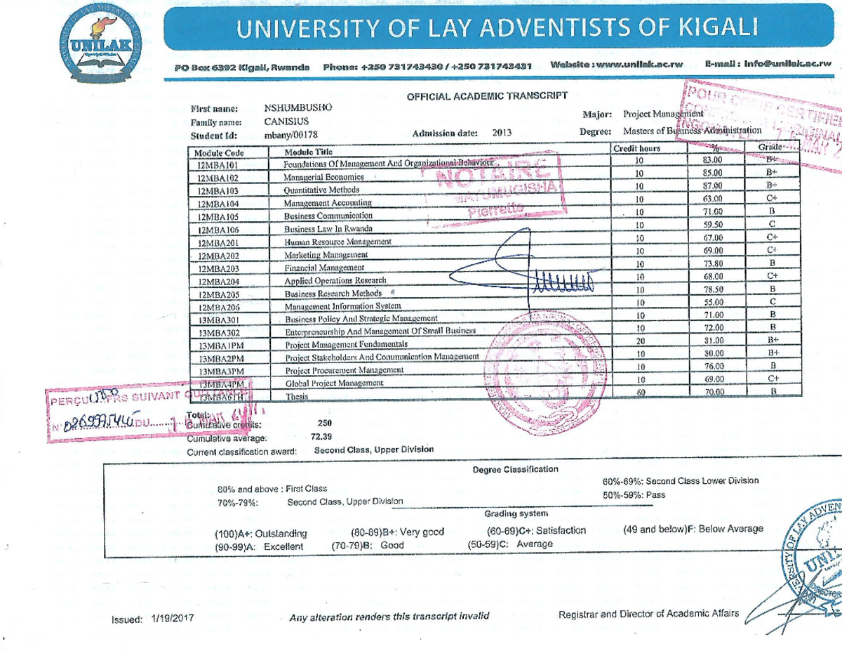 MBA Academic Transcript - NSHUMBUSHO - 2013 Admission - Studocu