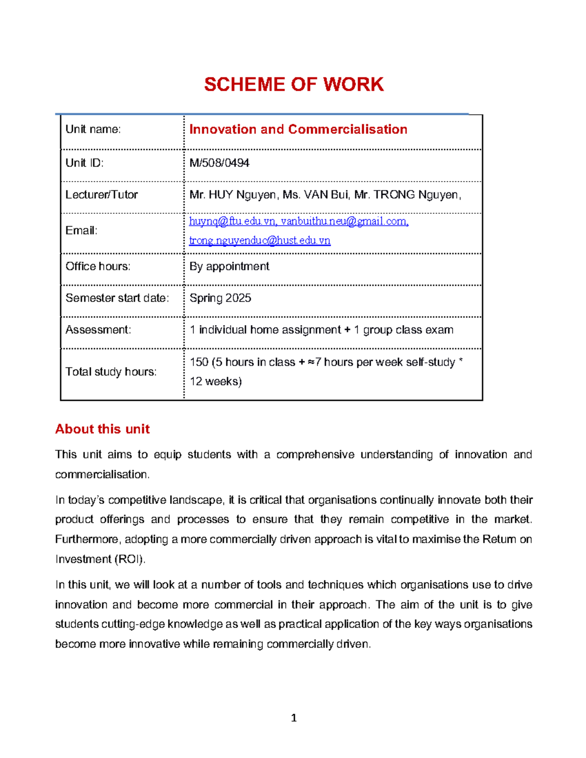 IC 2025 Scheme of Work: Innovation & Commercialisation - Spring 2025 ...