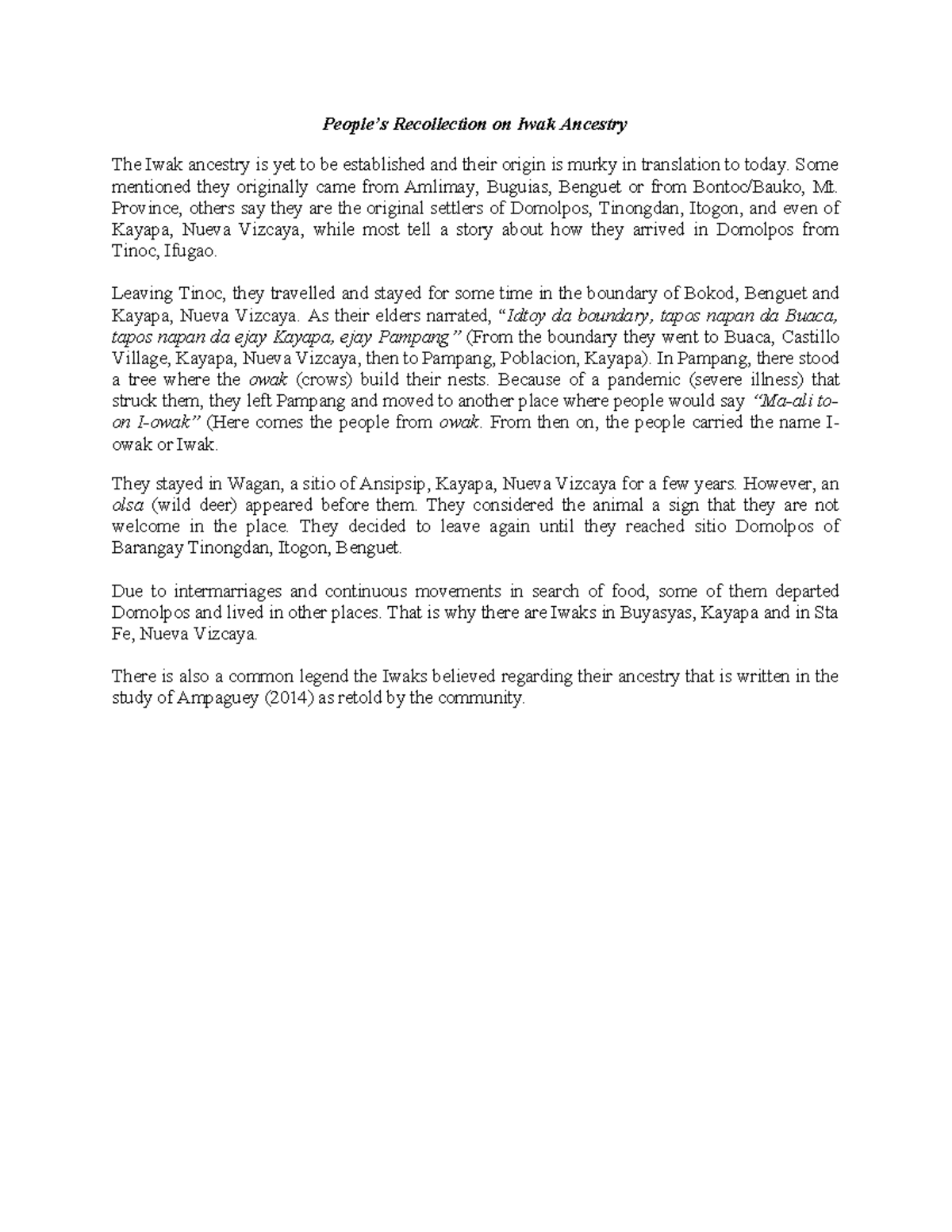 People's Recollection on Iwak Ancestry: Origins and Legends - Studocu