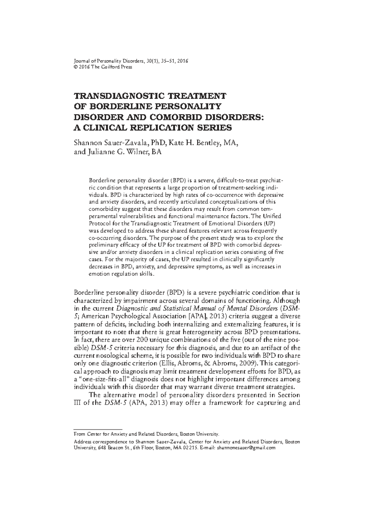 Transdiagnostic Treatment of BPD: A Clinical Replication Series G4459 ...