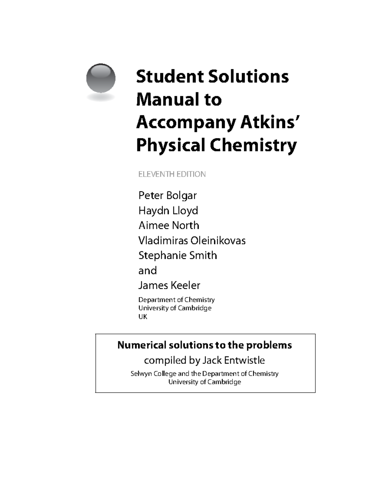 Pchem 11e Student Solutions Manual: Numerical Answers Compilation - Studocu
