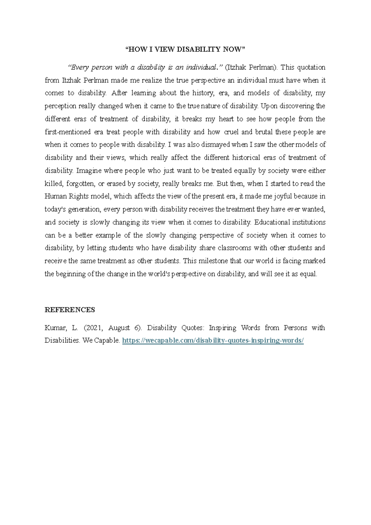 Reflective Essay on Disability Perspectives (250) - Studocu