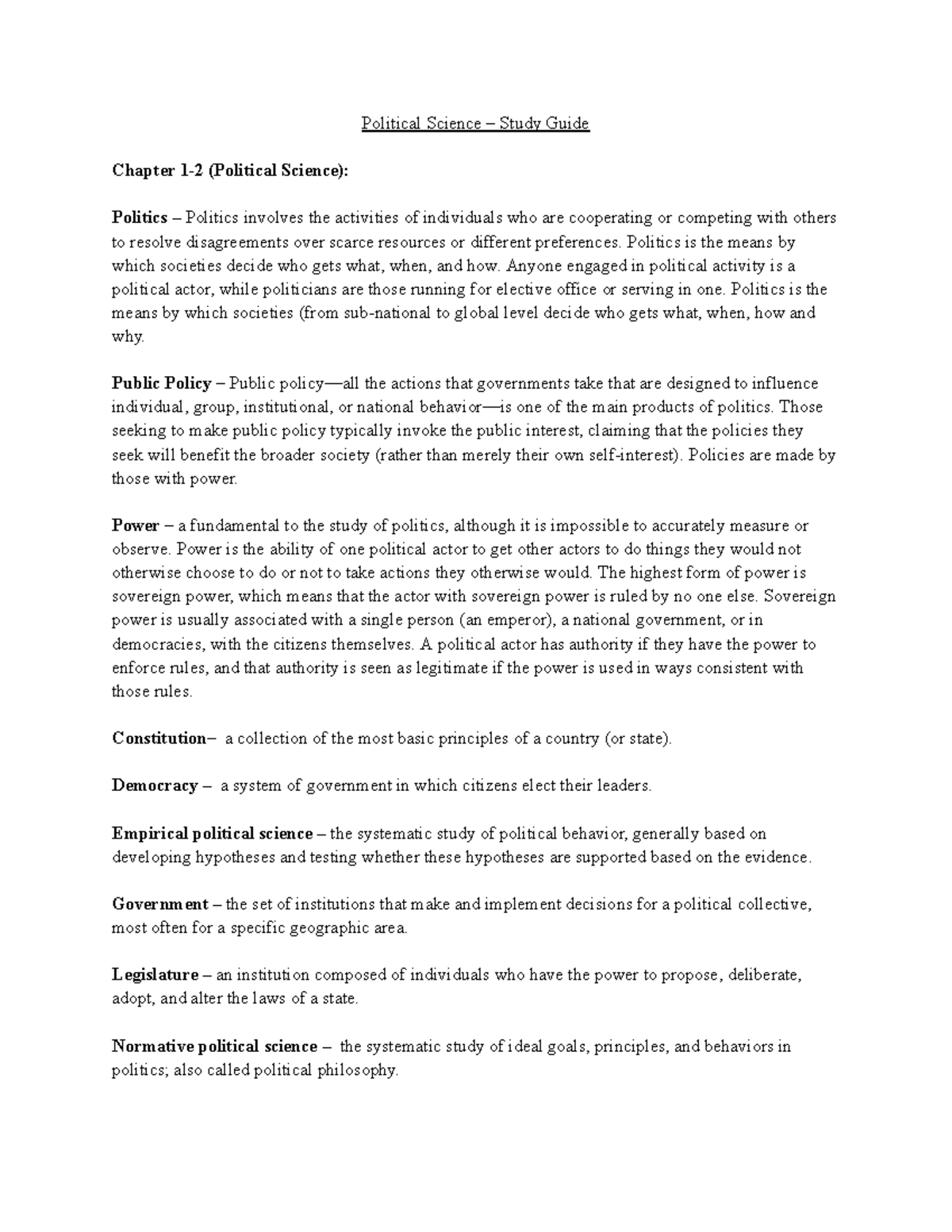 Political Science Study Guide: Key Concepts and Theories - Studocu