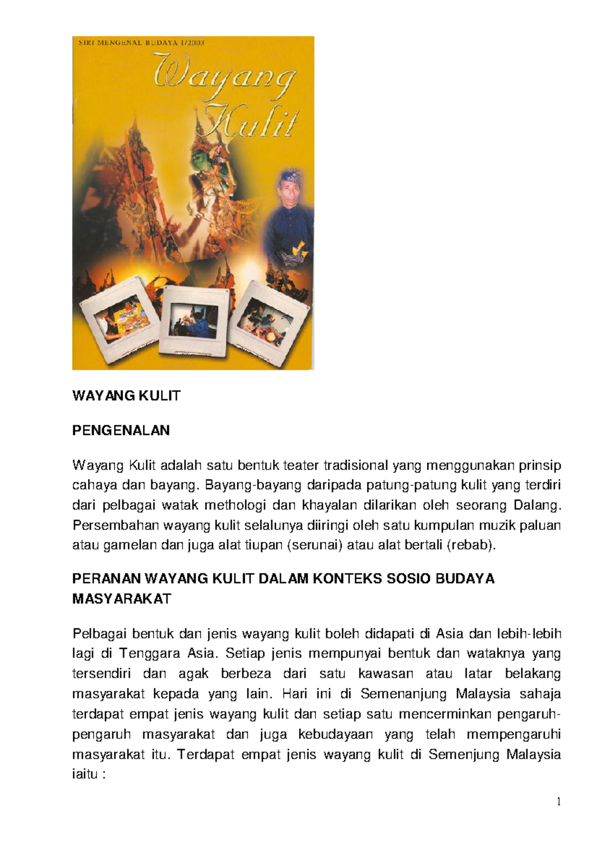 Kajian Wayang Kulit: Teater Tradisional dan Sosio Budaya - Studocu