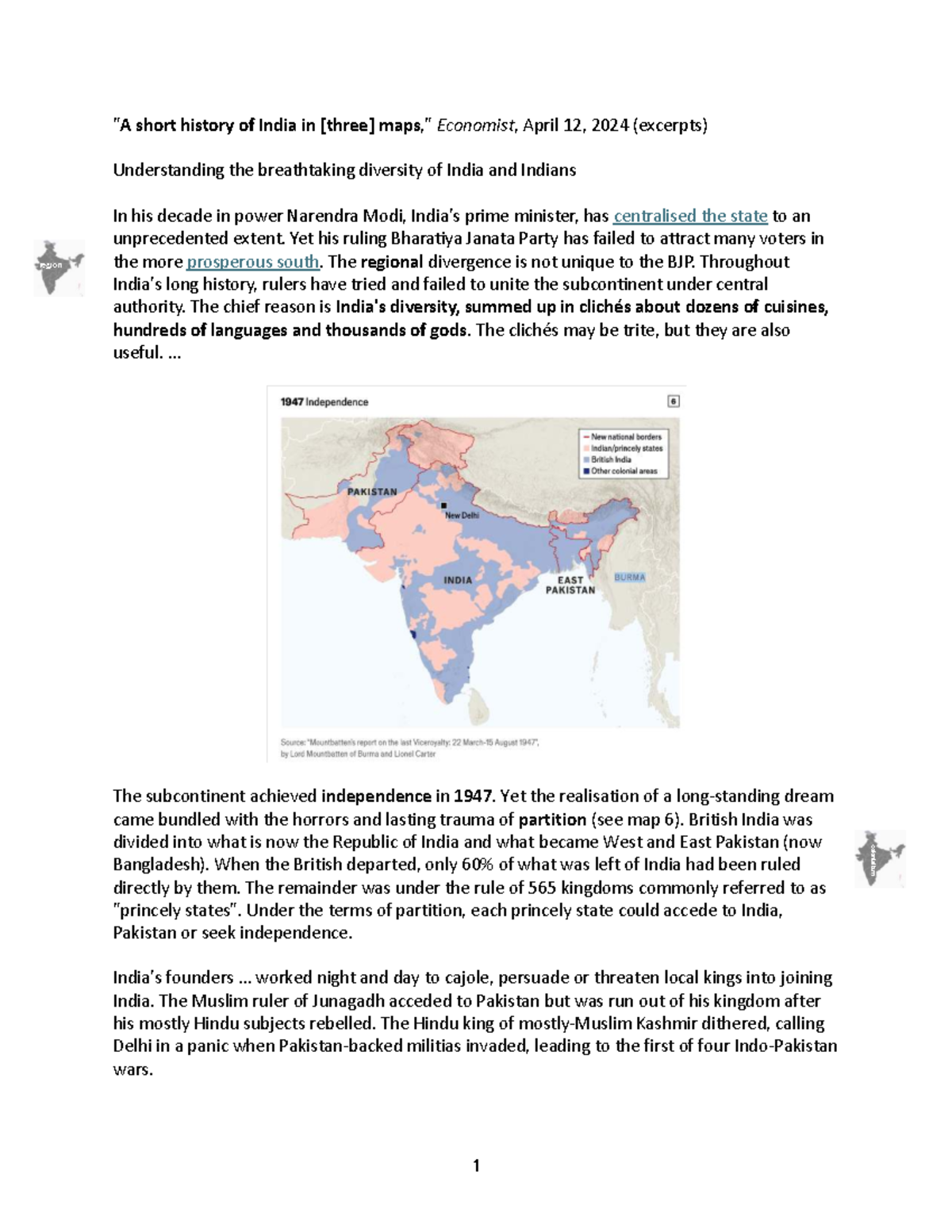 A Short History of India in 3 Maps: Insights from Economist, Apr 2024 ...