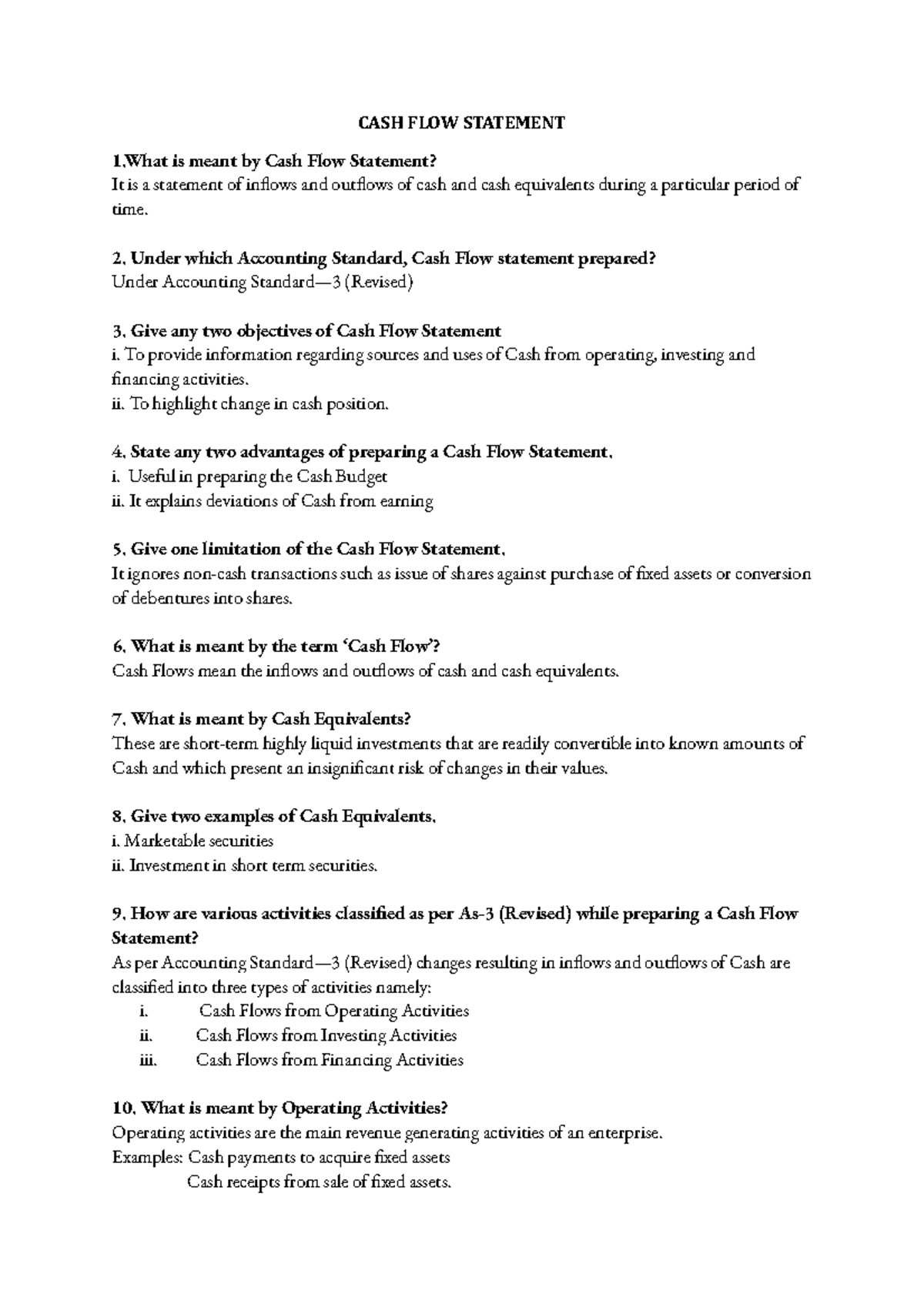 Viva Questions on Cash Flow Statement (ACCT 101) - Studocu