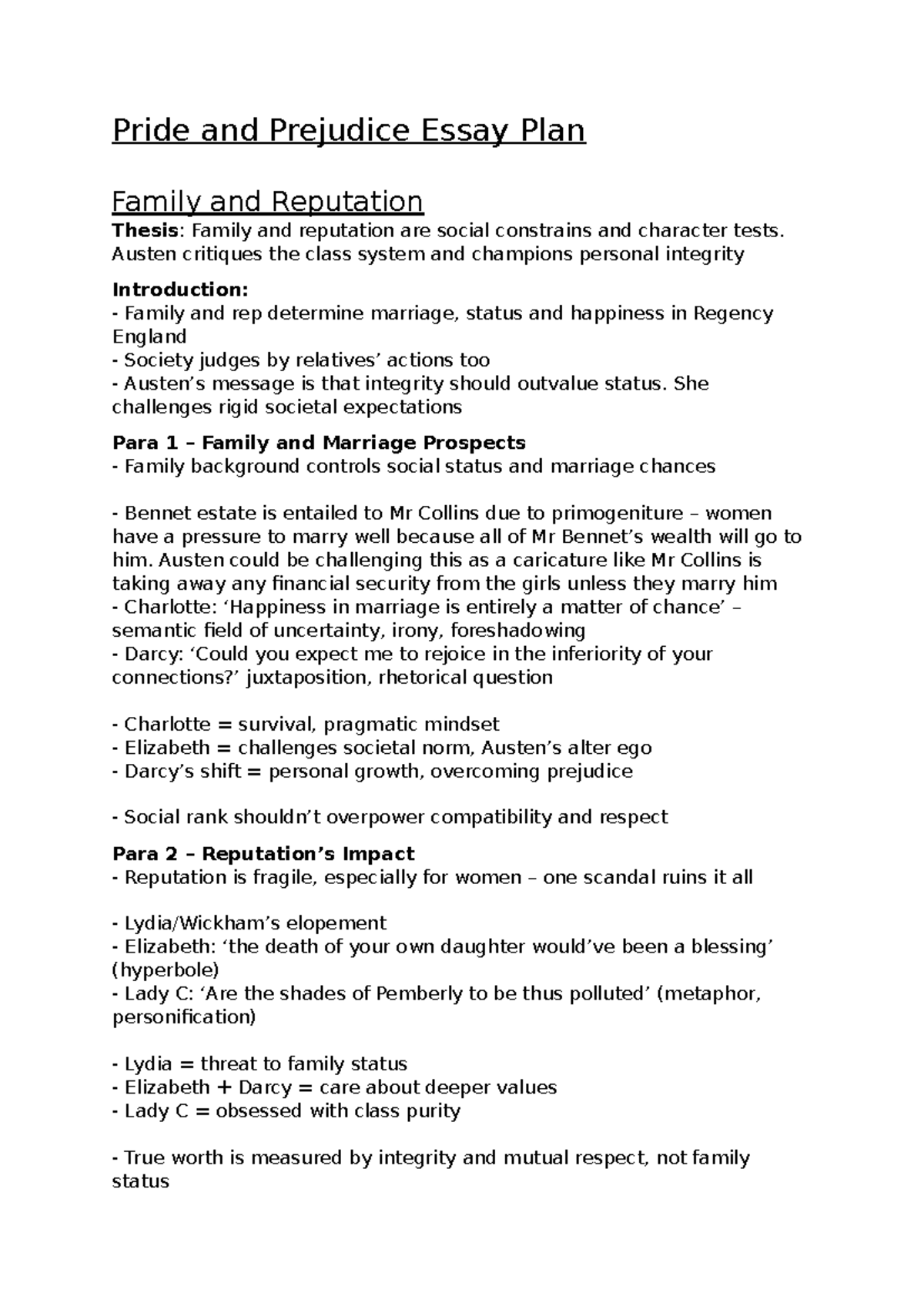 Pride and Prejudice Essay Plan: Family, Reputation, and Gender Roles ...