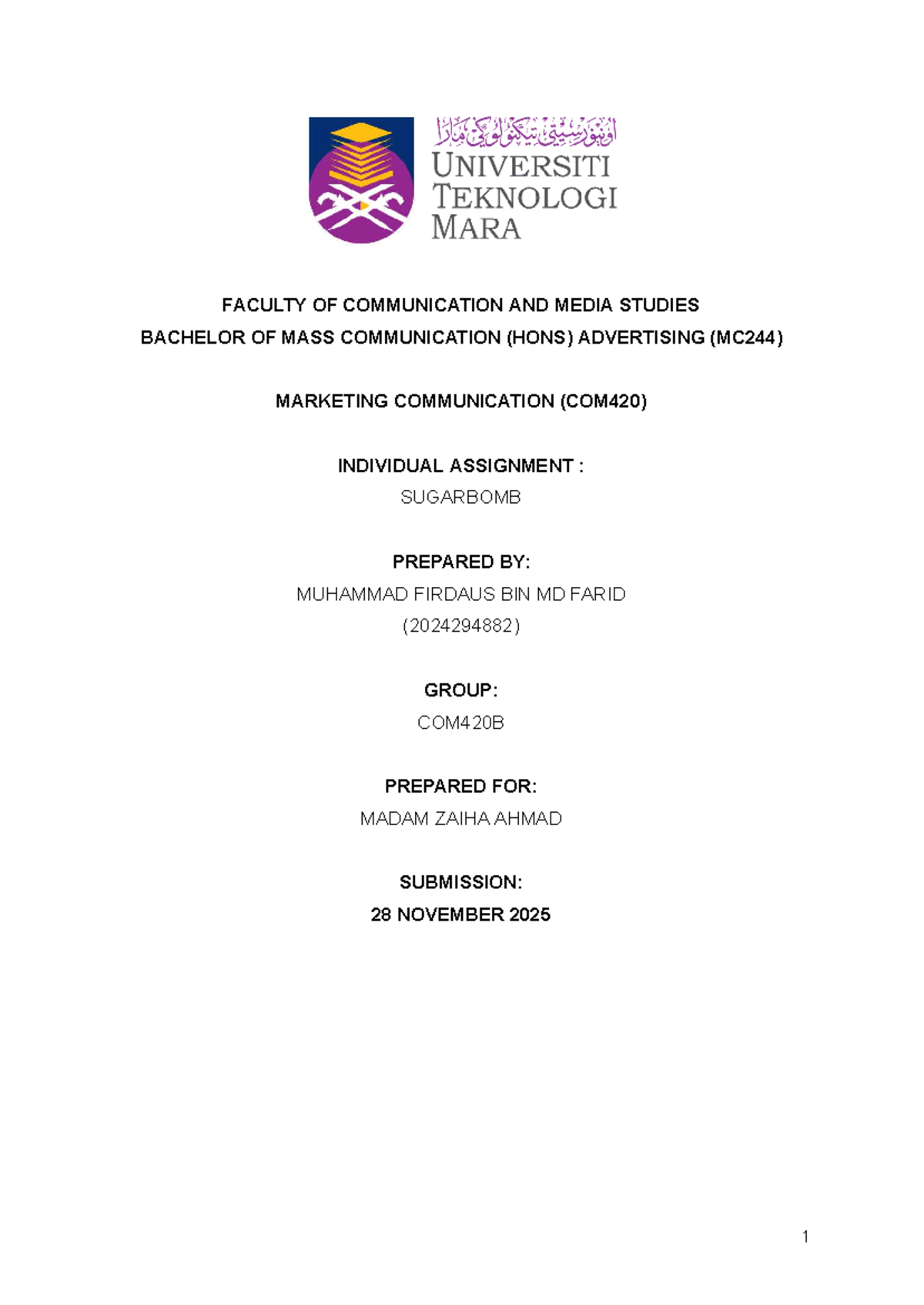 Individual Assignment: SugarBomb Marketing Analysis (COM420) - Studocu