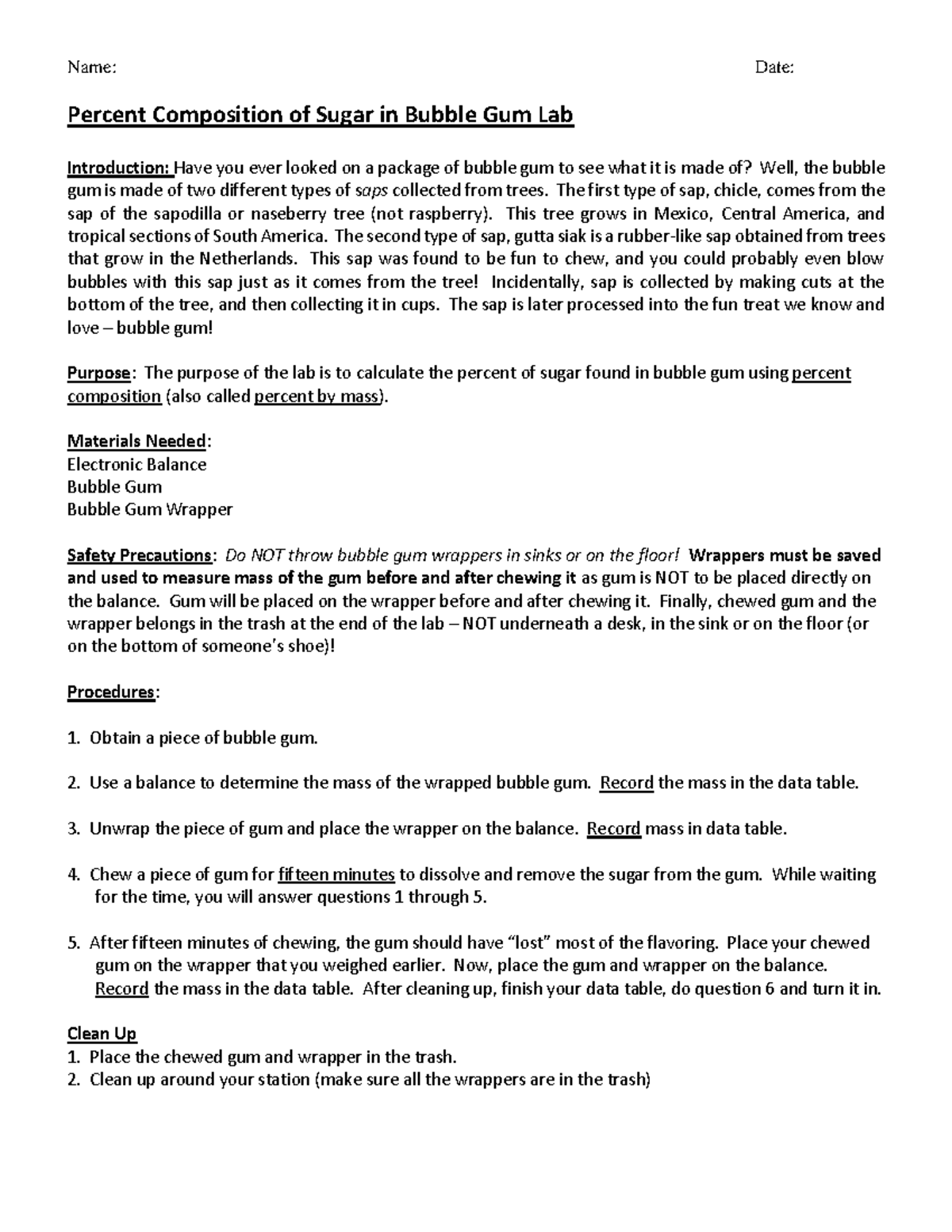 Percent Composition of Sugar in Bubble Gum Lab - CHEM101 - Studocu