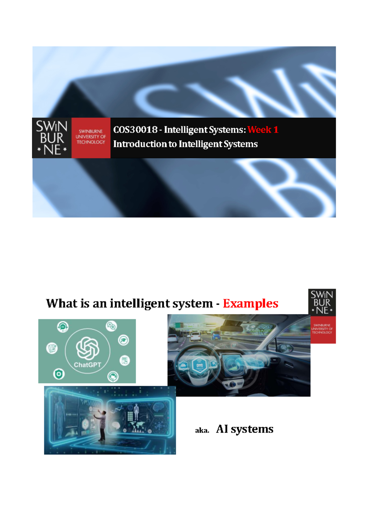 COS30018 Intelligent Systems: Week 1 Lecture on AI Fundamentals - Studocu