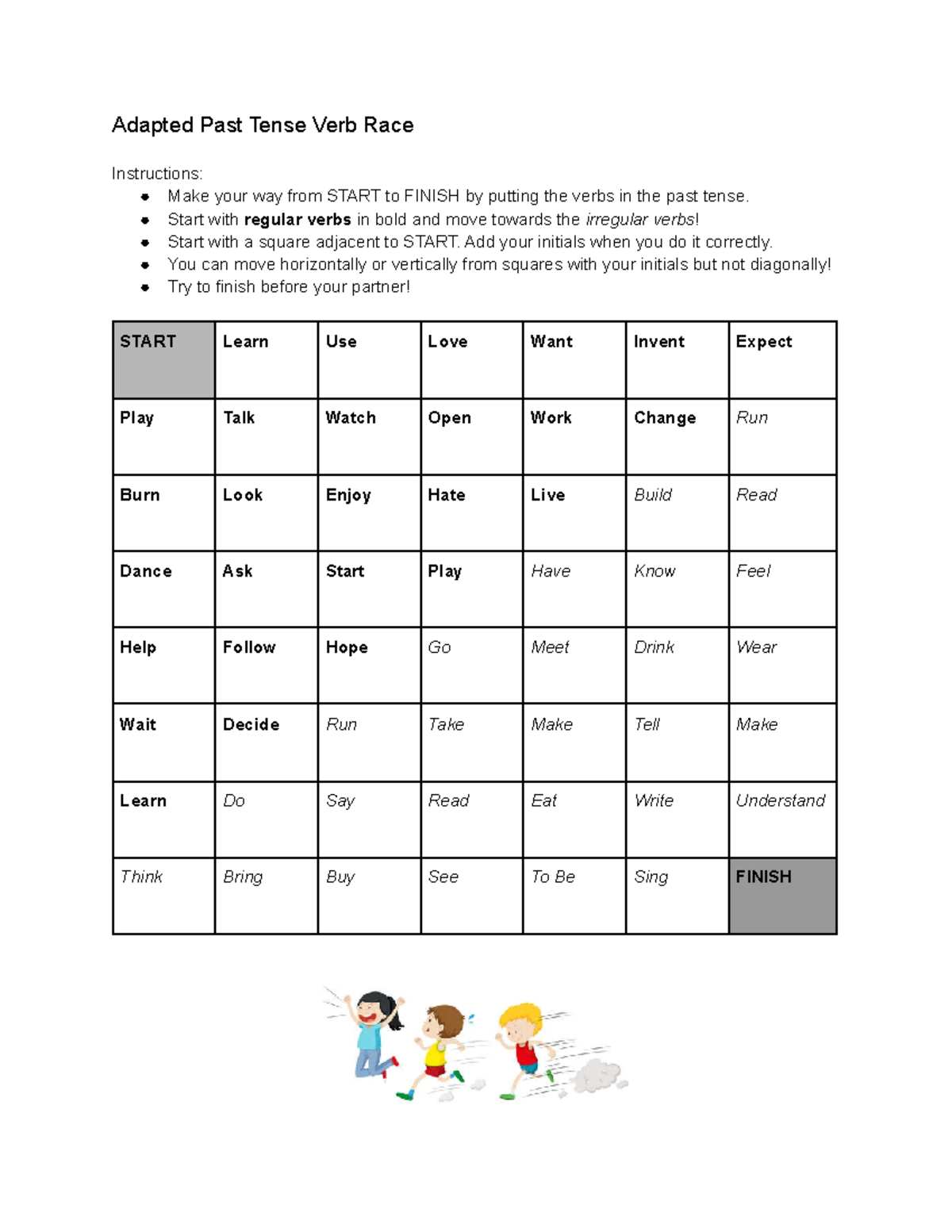 Past Tense Verb Race - Versions - Adapted Past Tense Verb Race ...