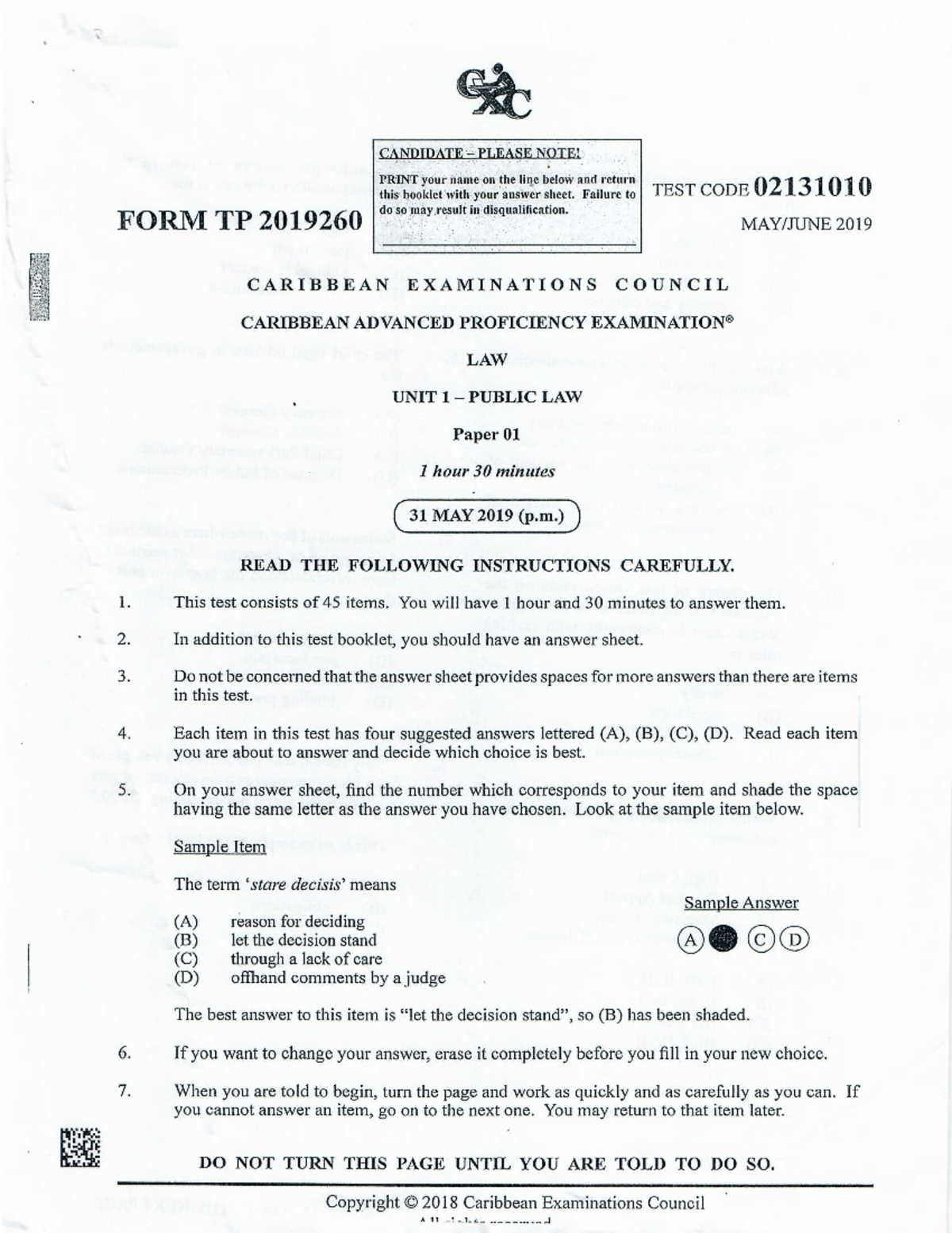 CAPE LAW UNIT 1 2019 PAPER 01 INSTRUCTIONS & TEST ITEMS - Studocu