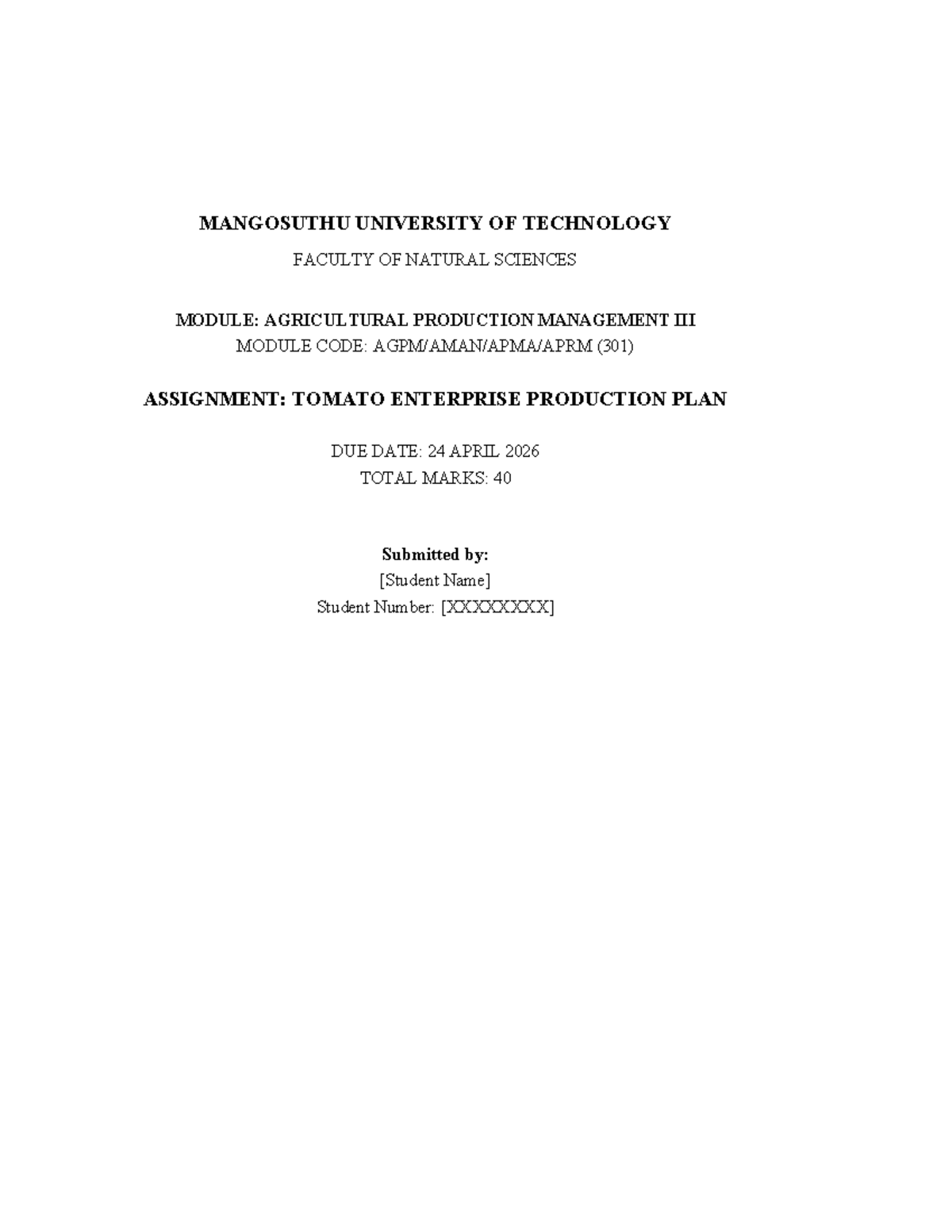 Tomato Production Plan Assignment (301) - Zanele Fresh Produce Farm ...