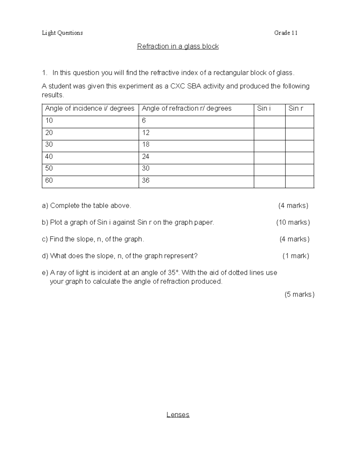 Light Questions Grade 11: Refraction & Lenses Analysis - Studocu