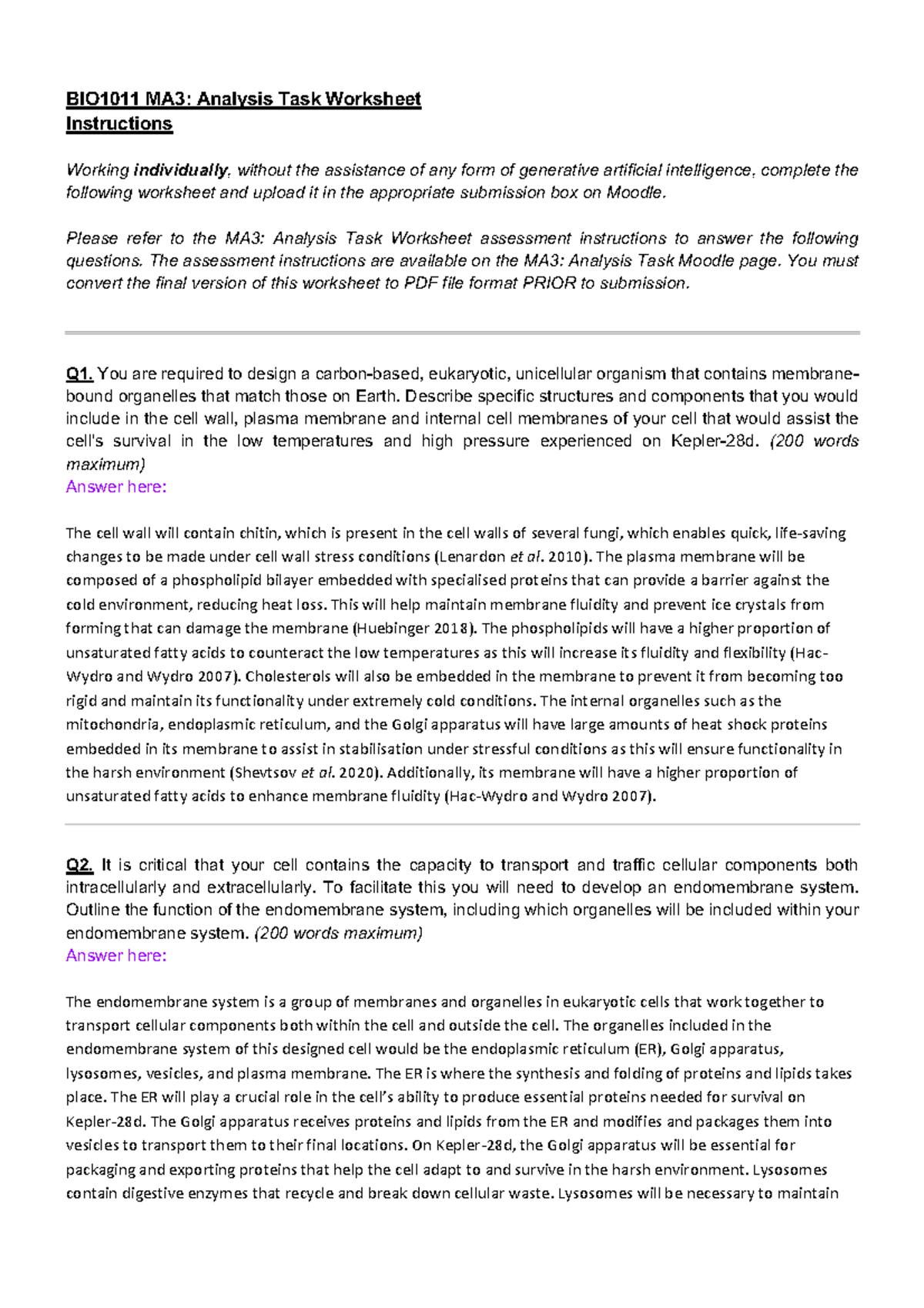 Biology Task - BIO1011 MA3: Analysis Task Worksheet Instructions ...