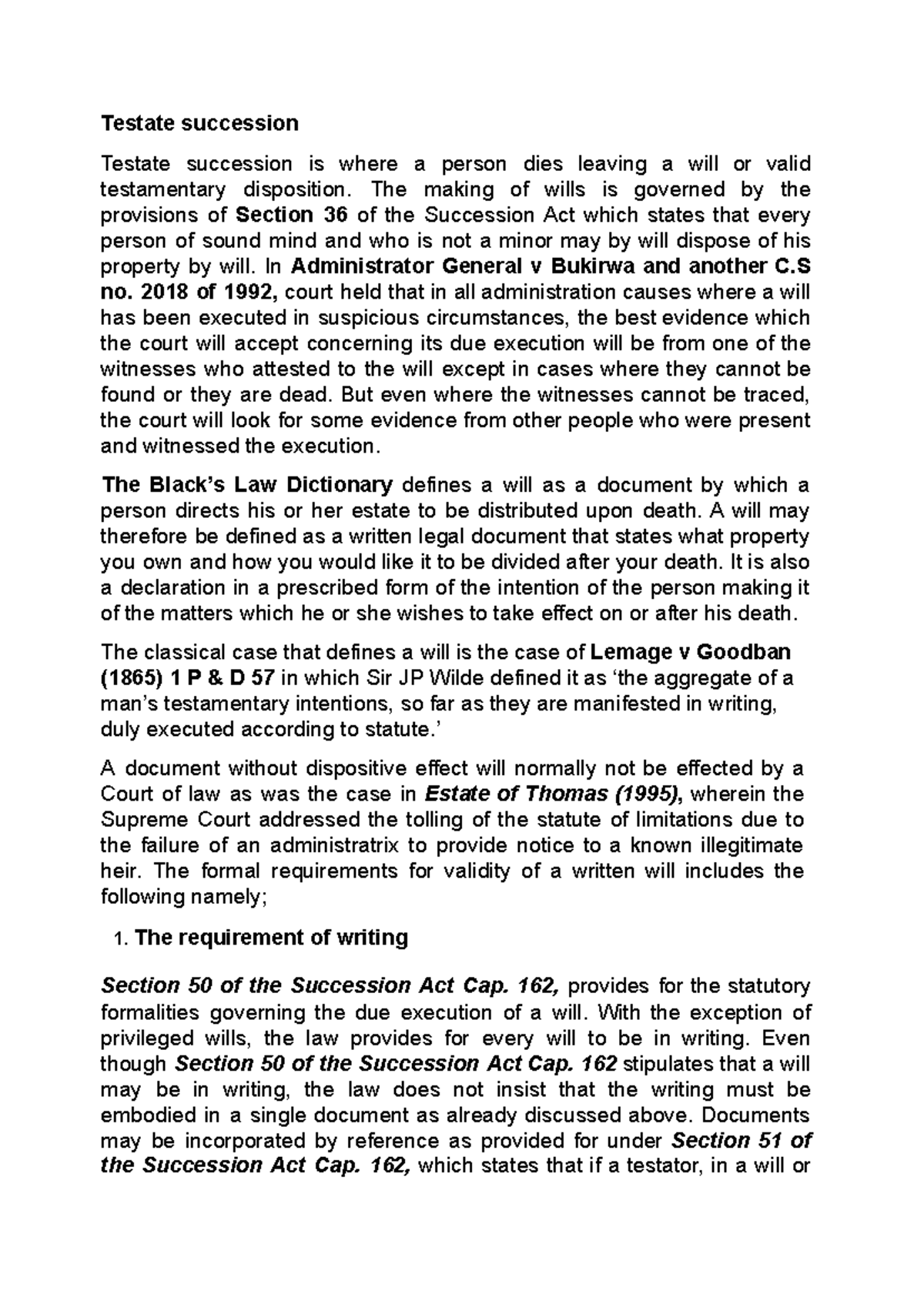 Testate Succession: Legal Principles Under Succession Act Cap. 162 ...
