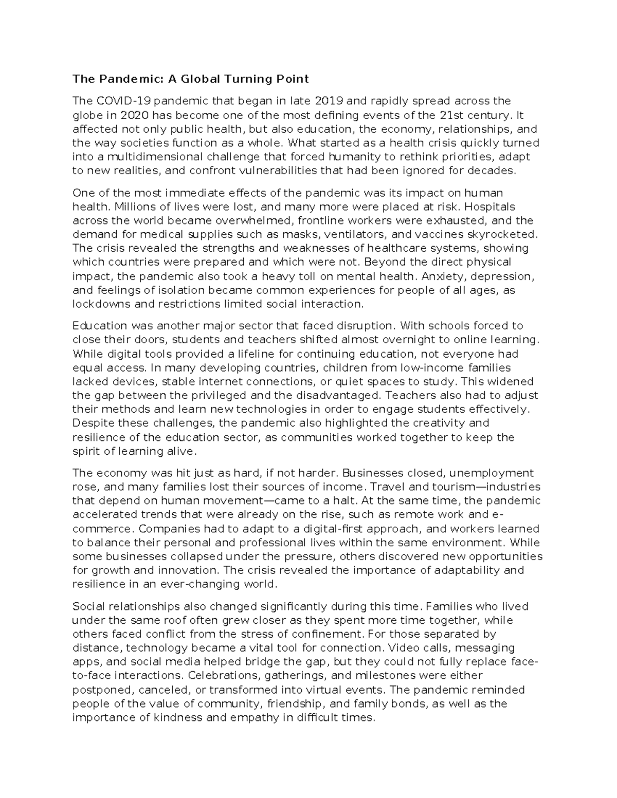 The Pandemic: A Global Turning Point - Essay Notes - Studocu