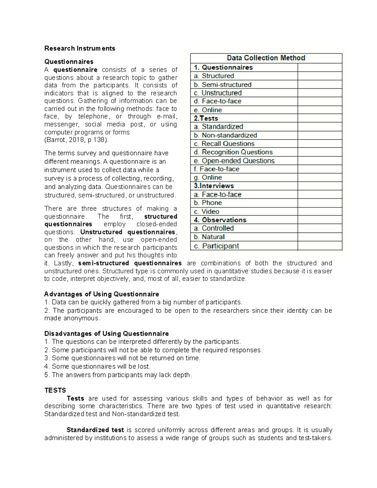 Research instruments - Research Instruments Questionnaires A ...