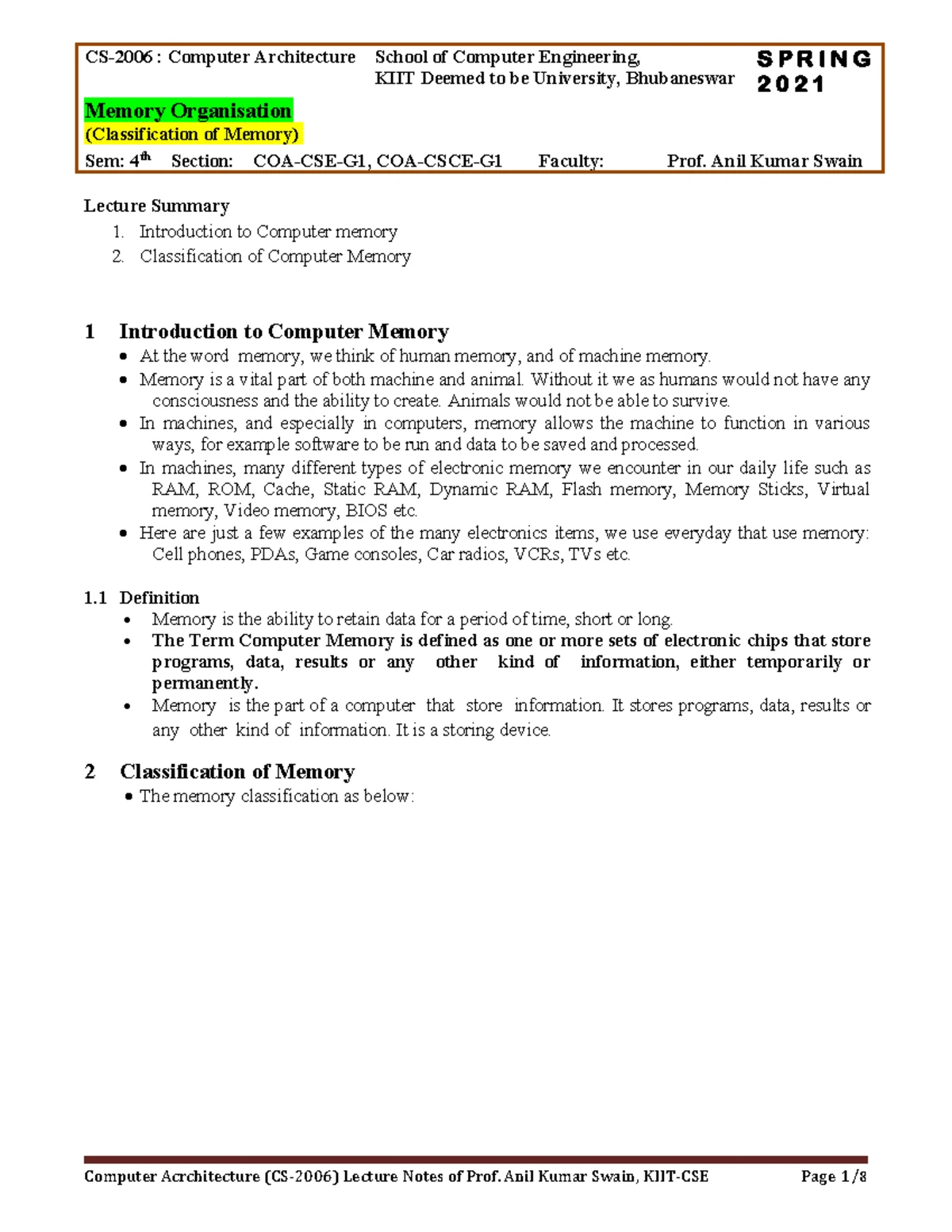4. Performance OF A Computer - Lecture Summary 1. Processor clock 2. Basic performance equation ...