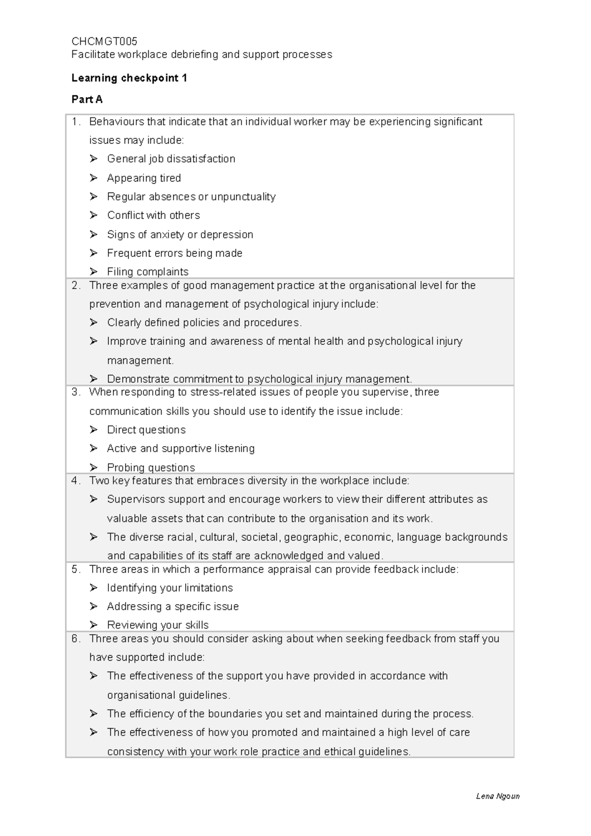 CHCMGT005 Facilitate workplace debriefing and support processes - Learning checkpoint 1 - 2 ...