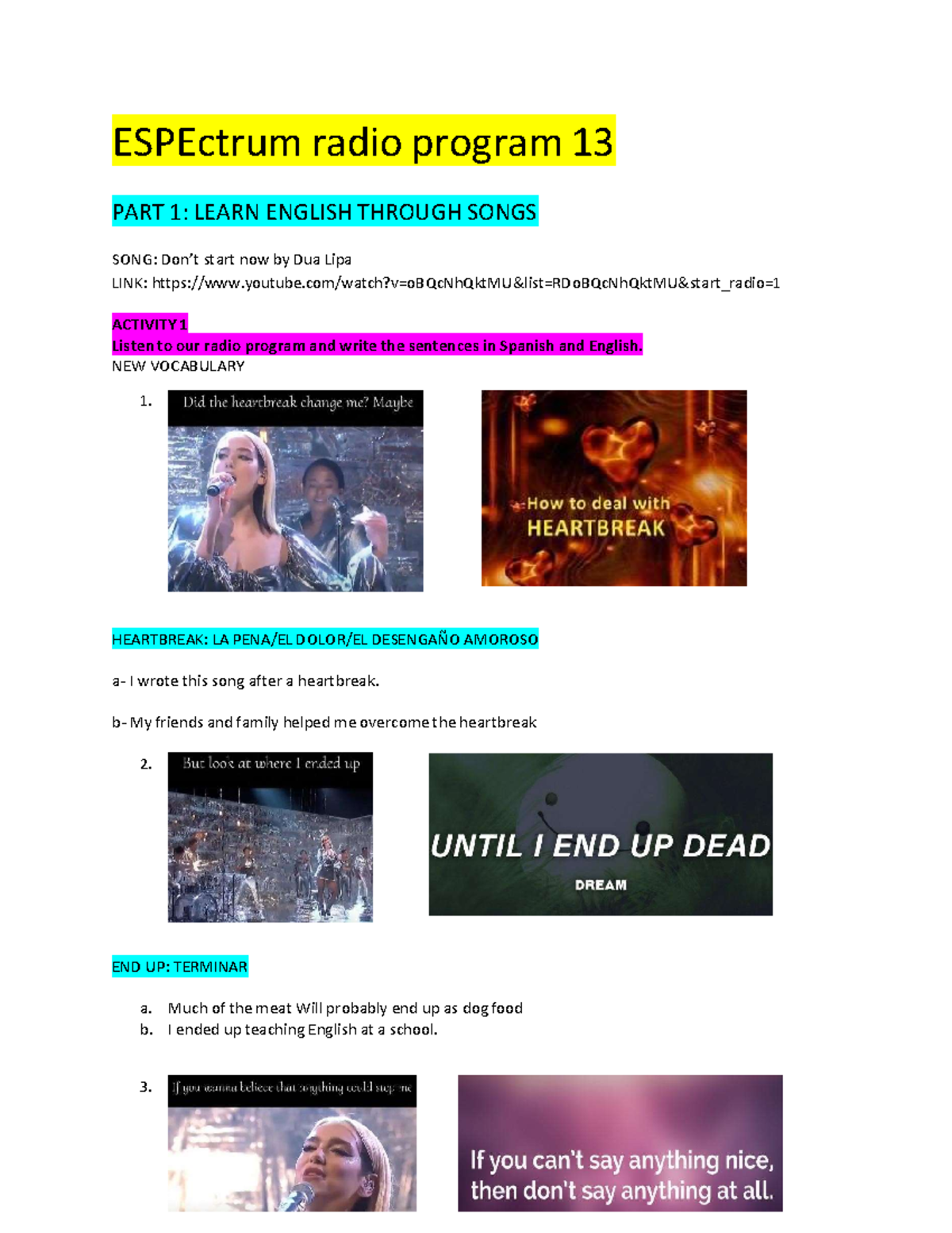 ESPEctrum Radio Program 13: Learn English Through Songs Activities ...
